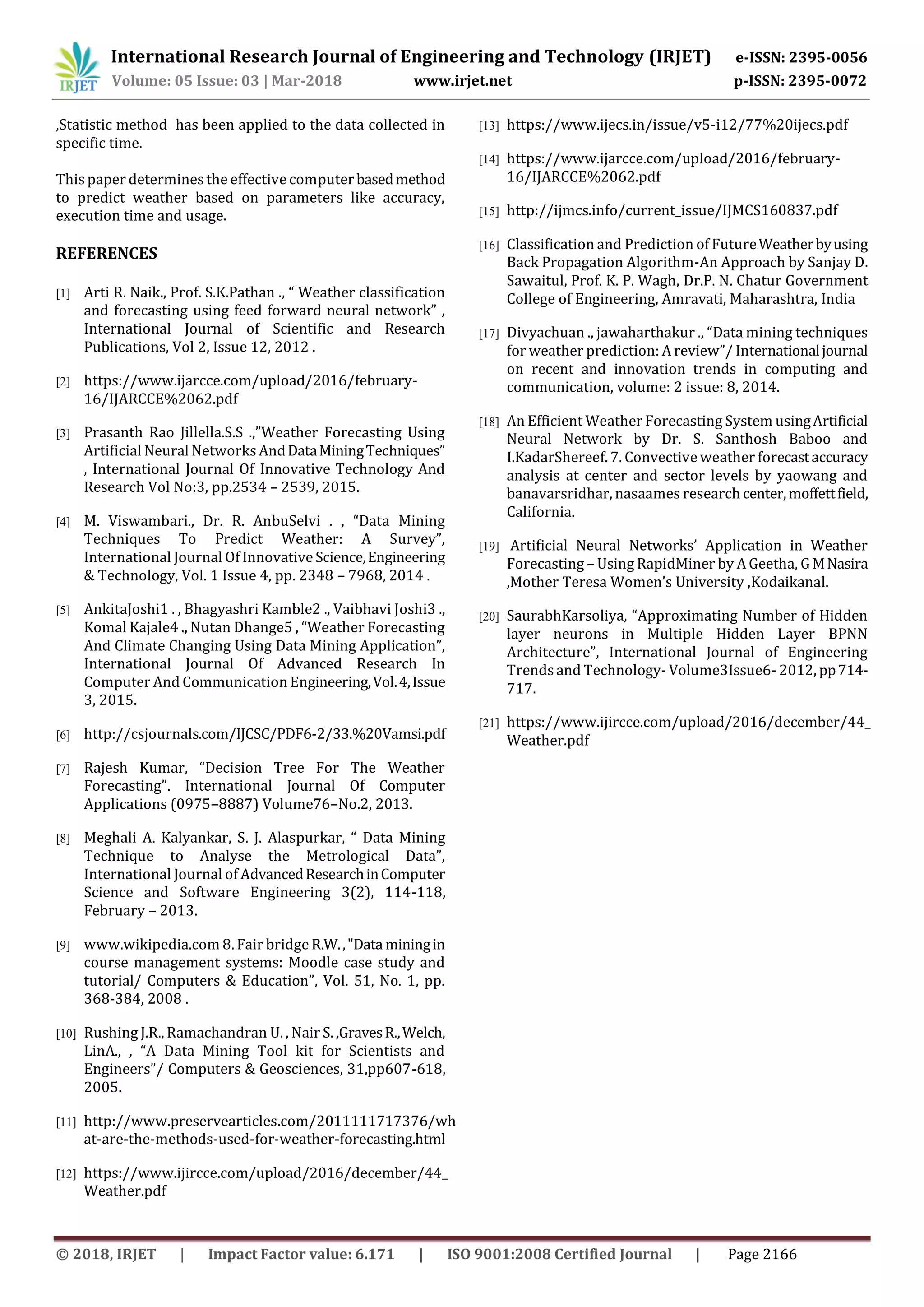 IRJET- Different Data Mining Techniques for Weather Prediction | PDF