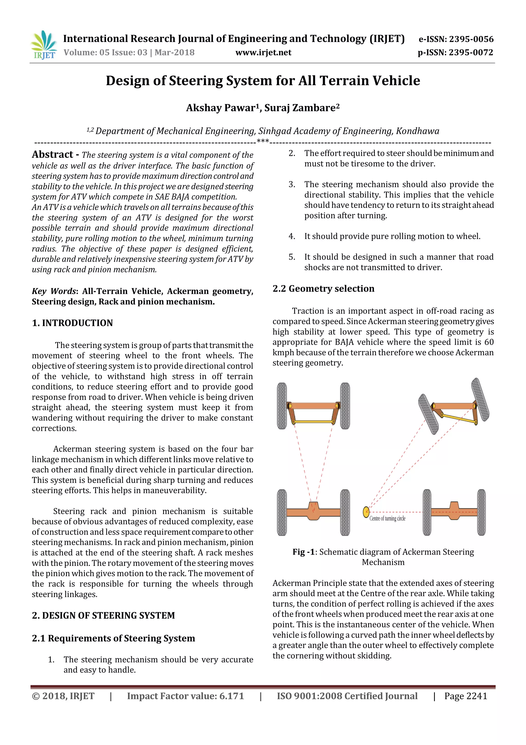 IRJET- Design of Steering System for All Terrain Vehicle | PDF