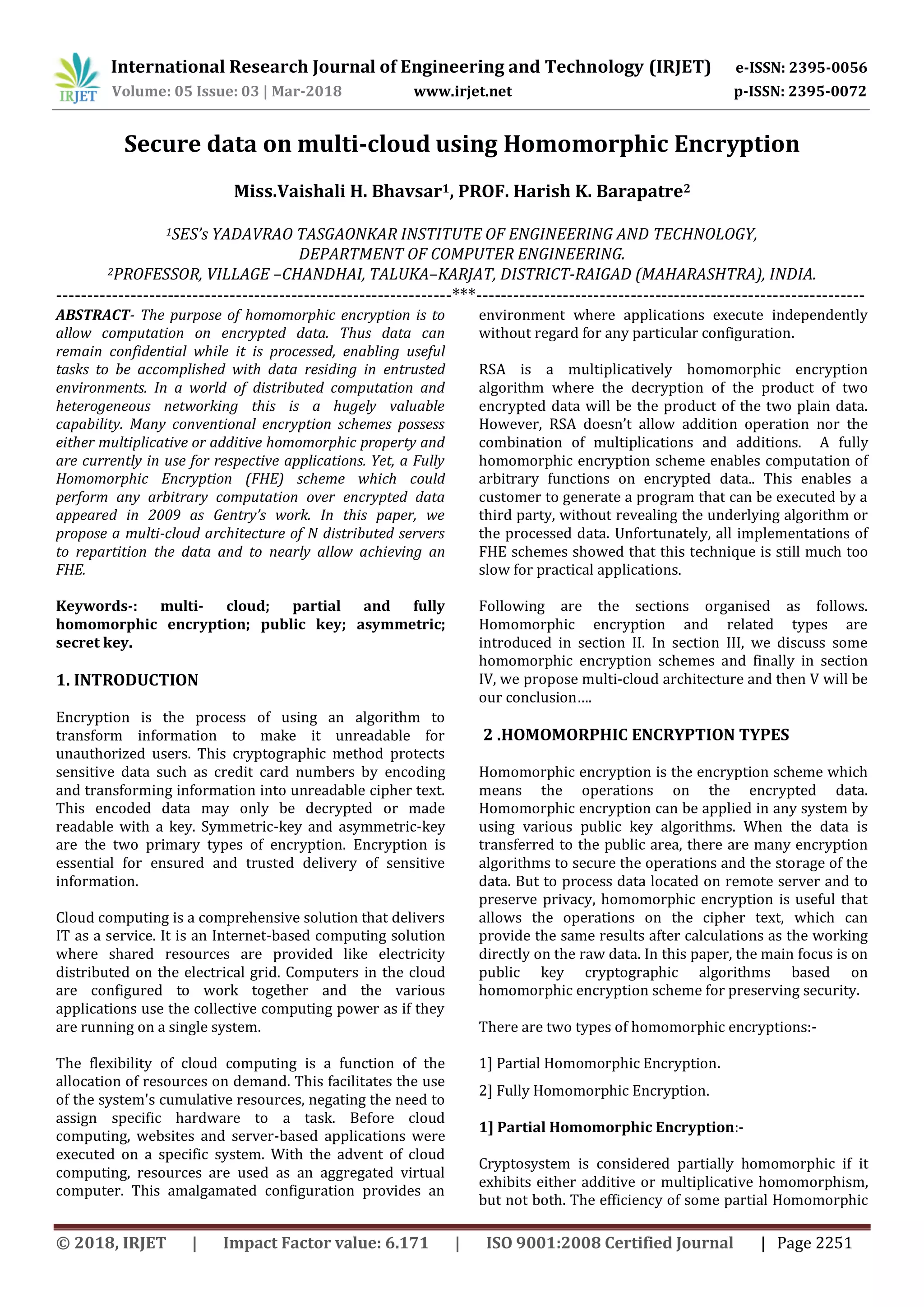 IRJET- Secure Data on Multi-Cloud using Homomorphic Encryption | PDF