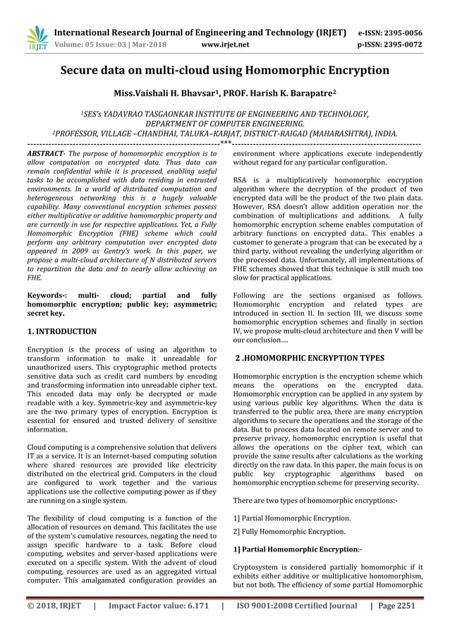 IRJET- Secure Data on Multi-Cloud using Homomorphic Encryption | PDF
