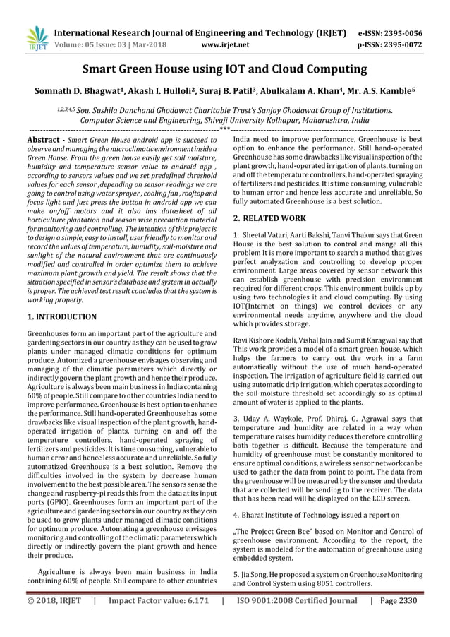 IRJET- Smart Green House using IOT and Cloud Computing | PDF ...