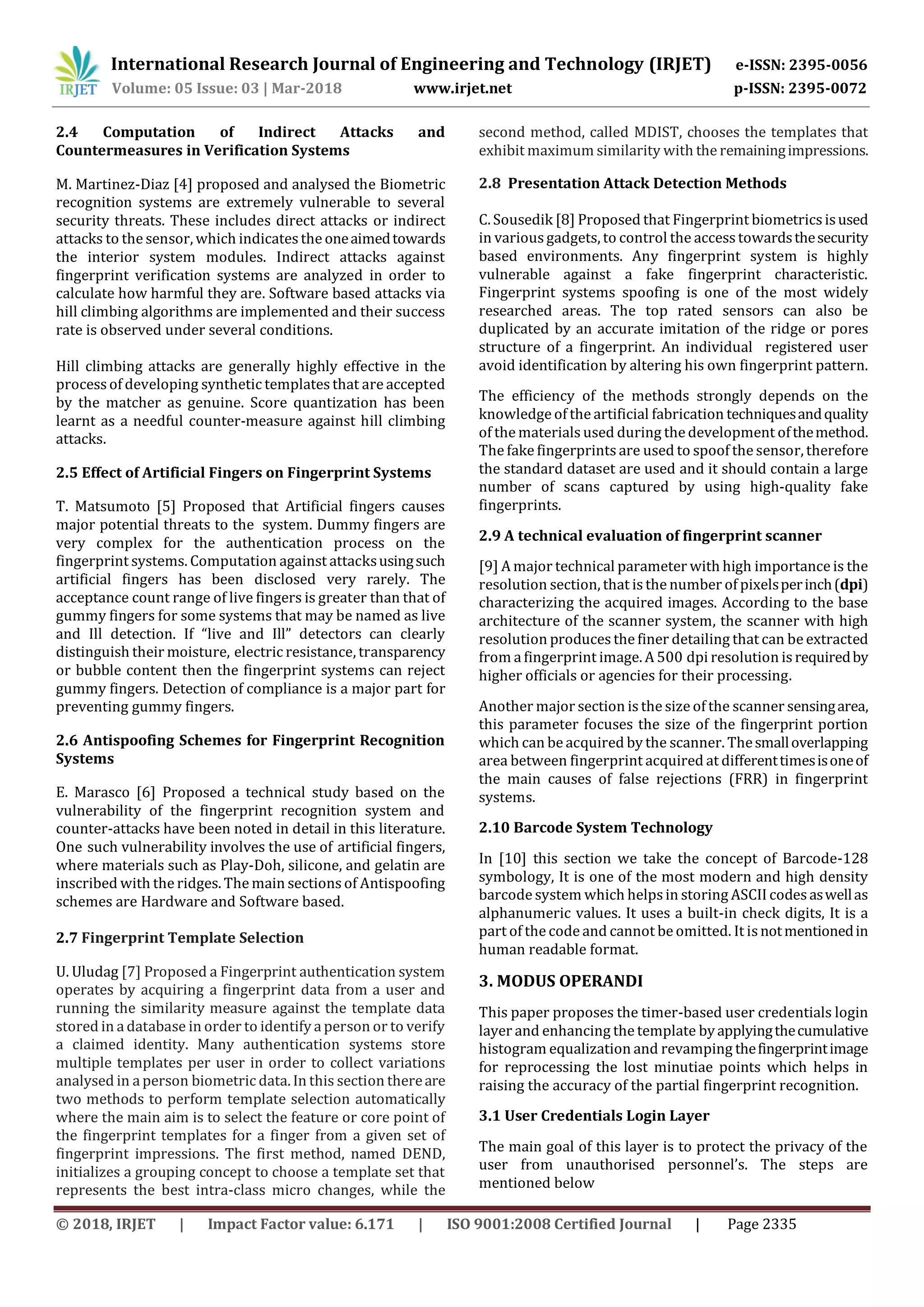 IRJET- FASSBTR : Fingerprint Authentication System Security using Barcode and Template Revamping ...