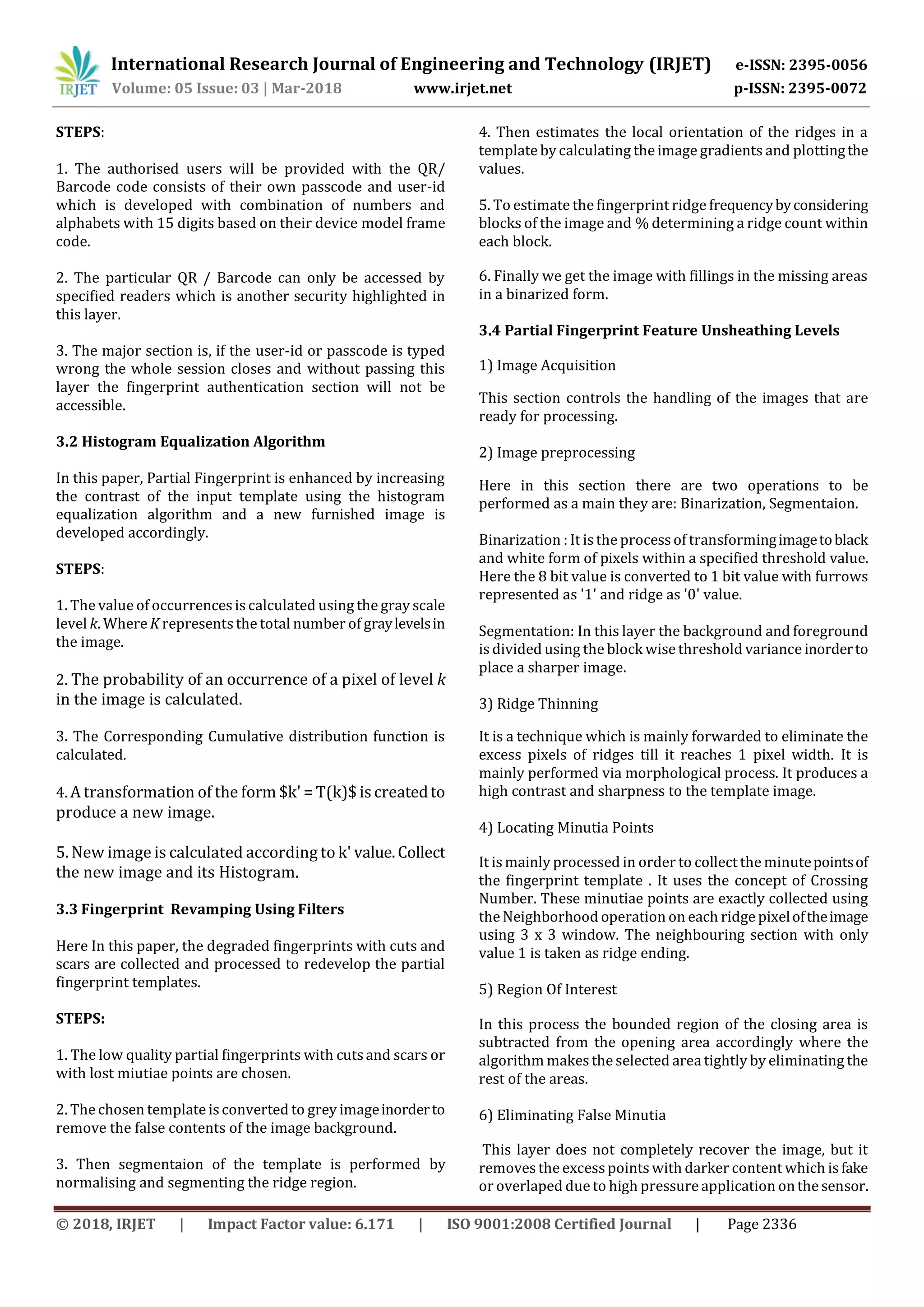 IRJET- FASSBTR : Fingerprint Authentication System Security using Barcode and Template Revamping ...