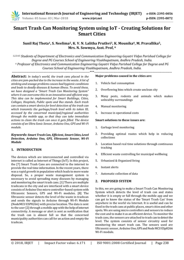 IRJET-mart Trash Can Monitoring System using IoT - Creating Solutions for Smart Cities | PDF