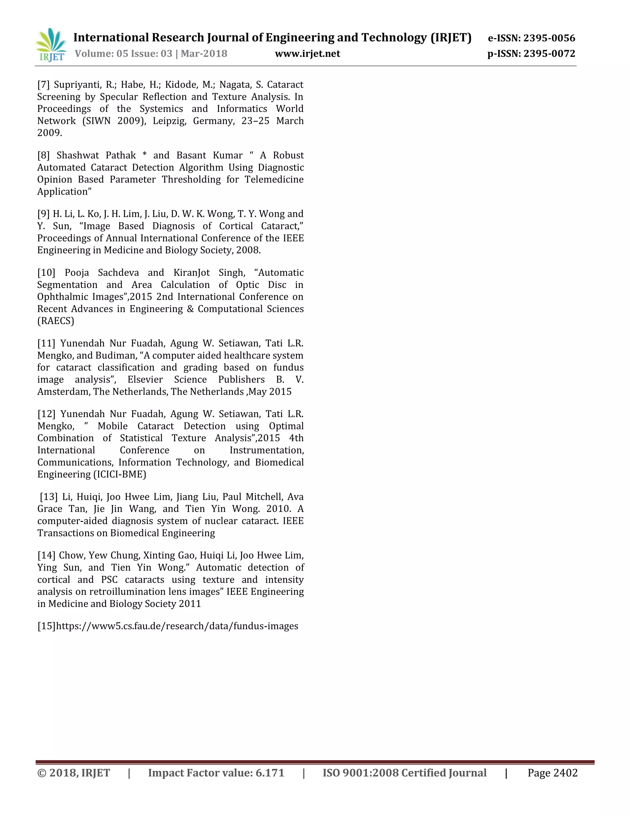 IRJET- Detection of Cataract by Statistical Features and Classification | PDF