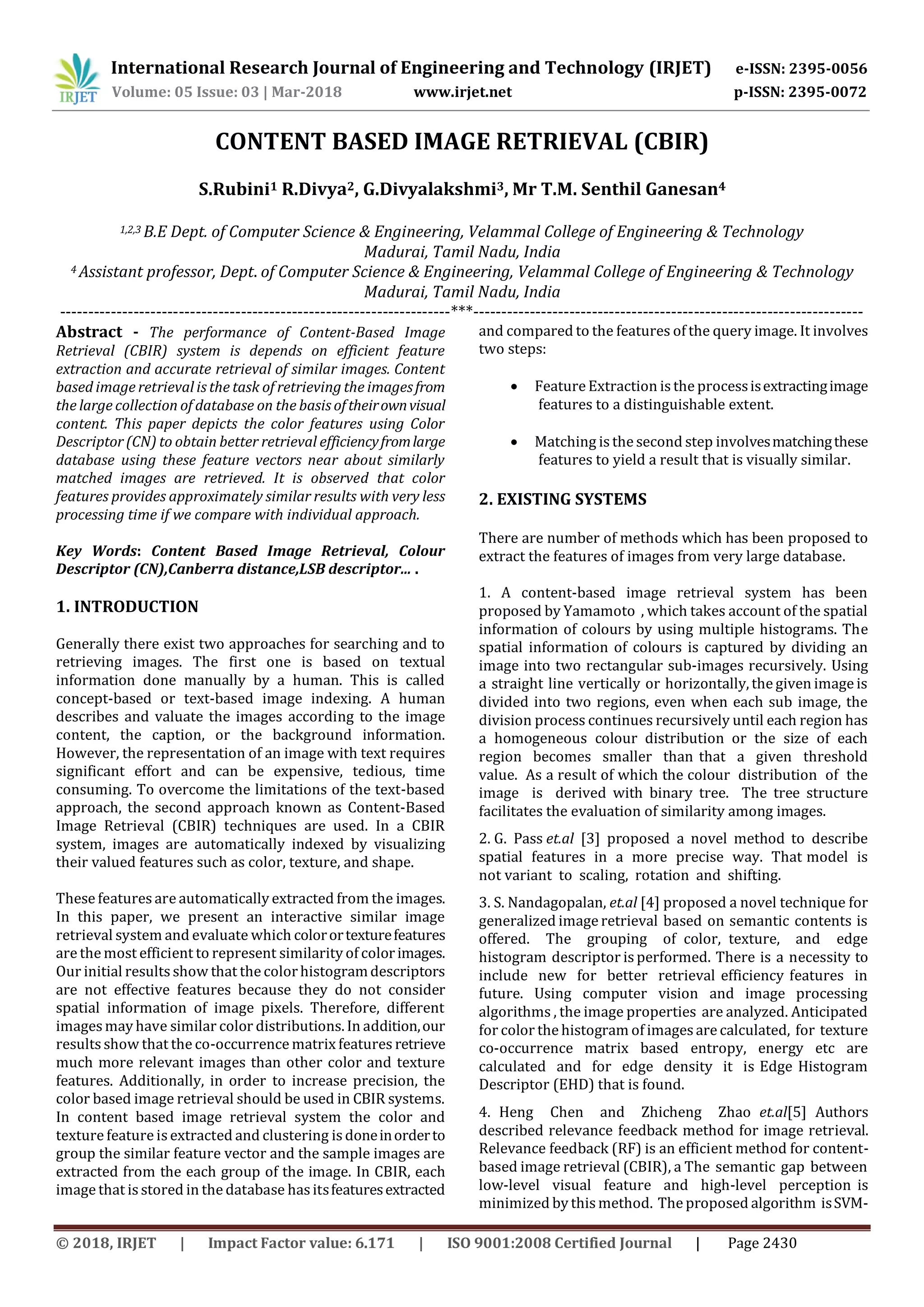 IRJET- Content Based Image Retrieval (CBIR) | PDF