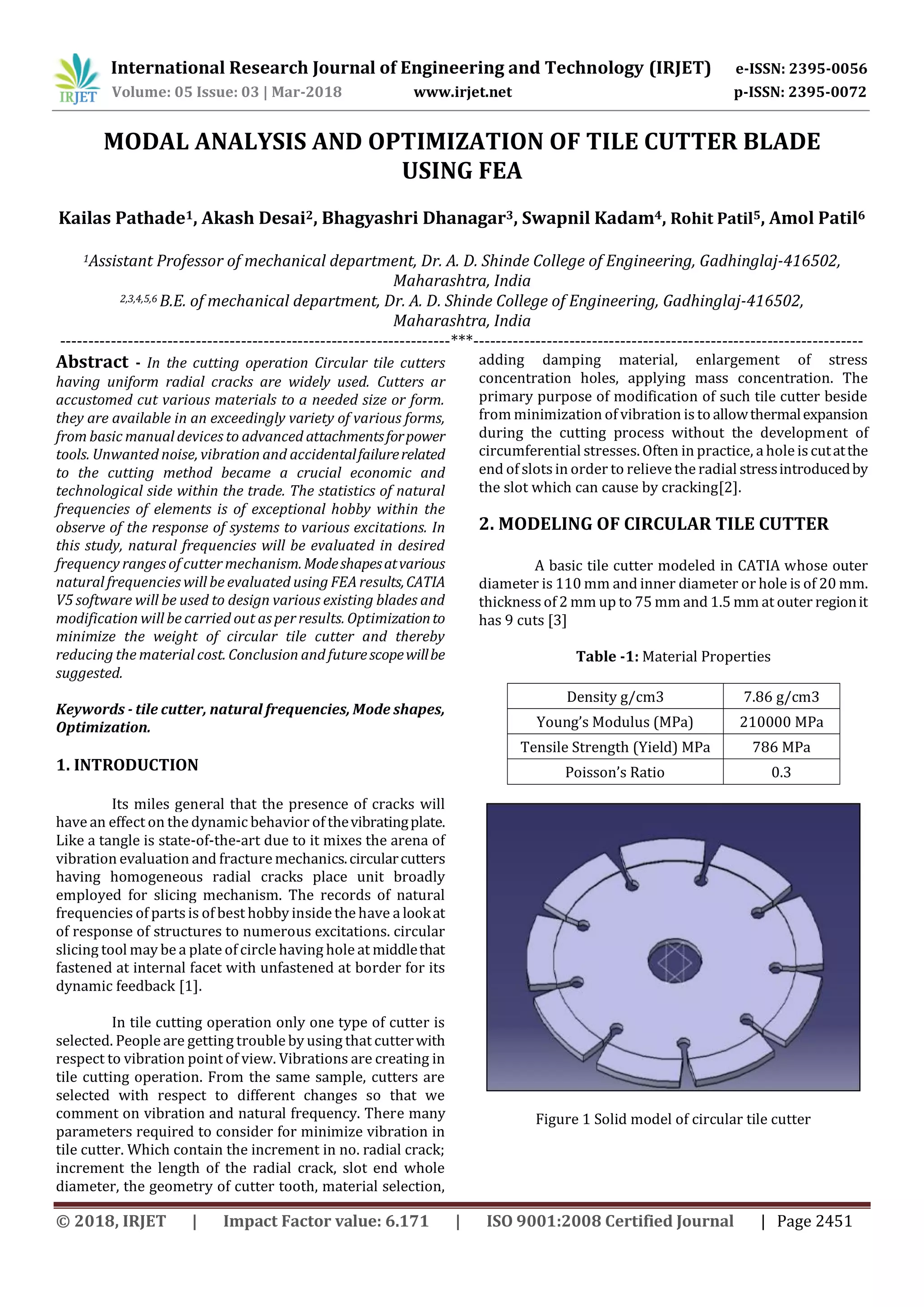IRJET- Modal Analysis and Optimization of Tile Cutter Blade using Fea | PDF