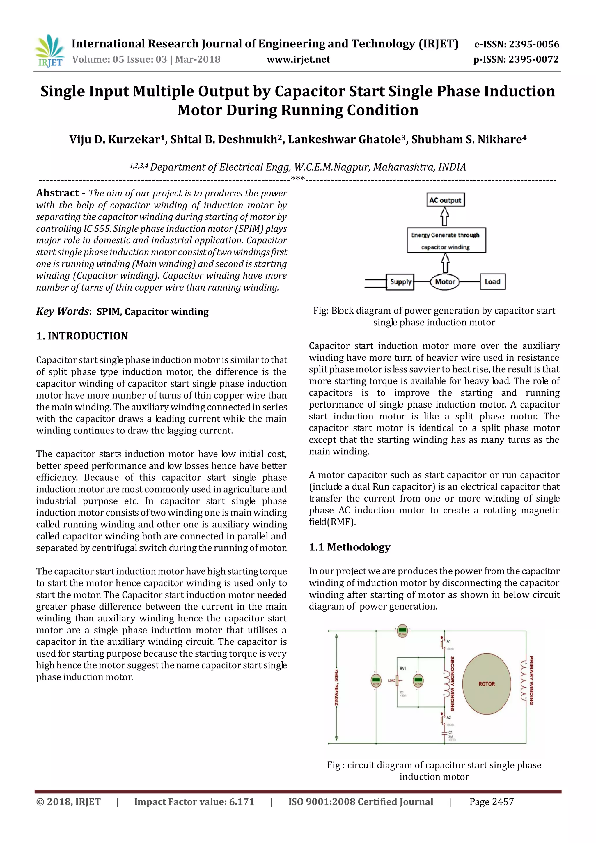 IRJET- Single Input Multiple Output by Capacitor Start Single Phase Induction Motor During ...