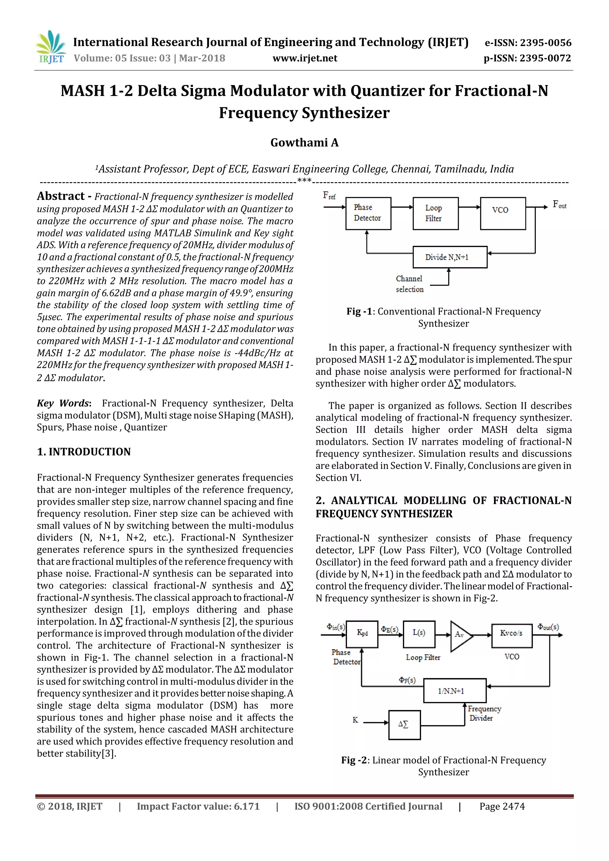 IRJET- MASH 1-2 Delta Sigma Modulator with Quantizer for Fractional-N Frequency Synthesizer ...
