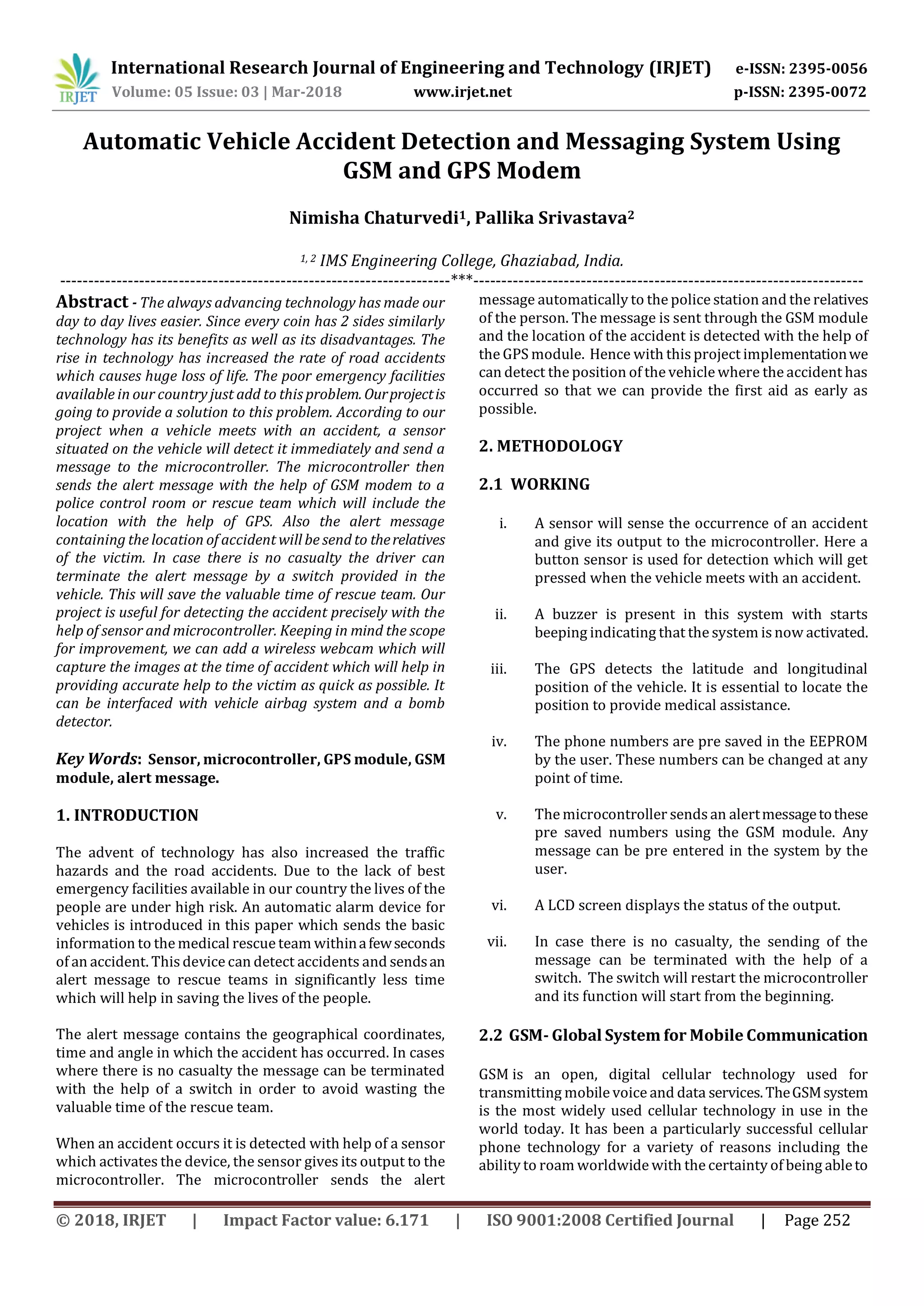 IRJET-Automatic Vehicle Accident Detection and Messaging System using GSM and GPS Modem | PDF