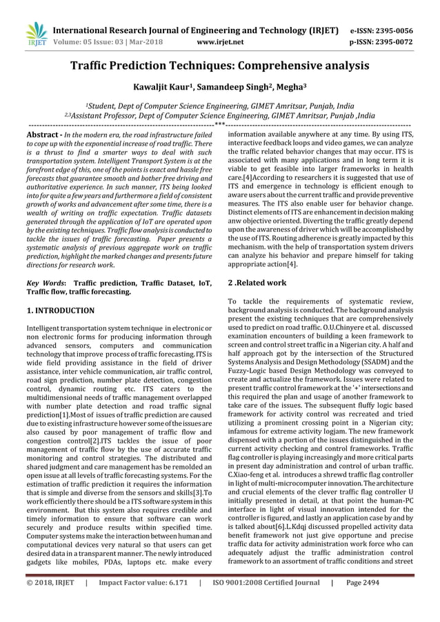 IRJET- Traffic Prediction Techniques: Comprehensive analysis | PDF