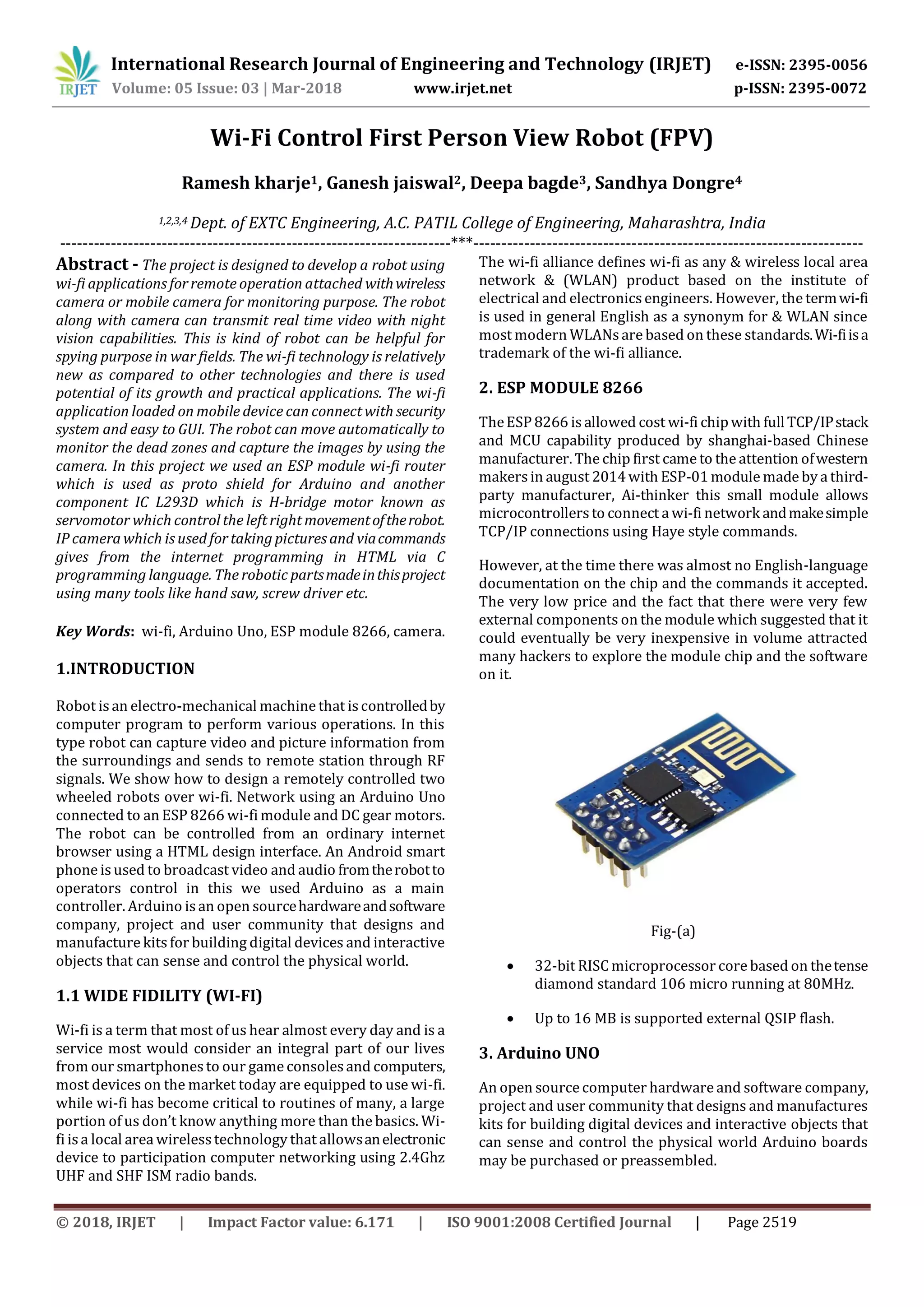 IRJET- Wi-Fi Control First Person View Robot (FPV) | PDF