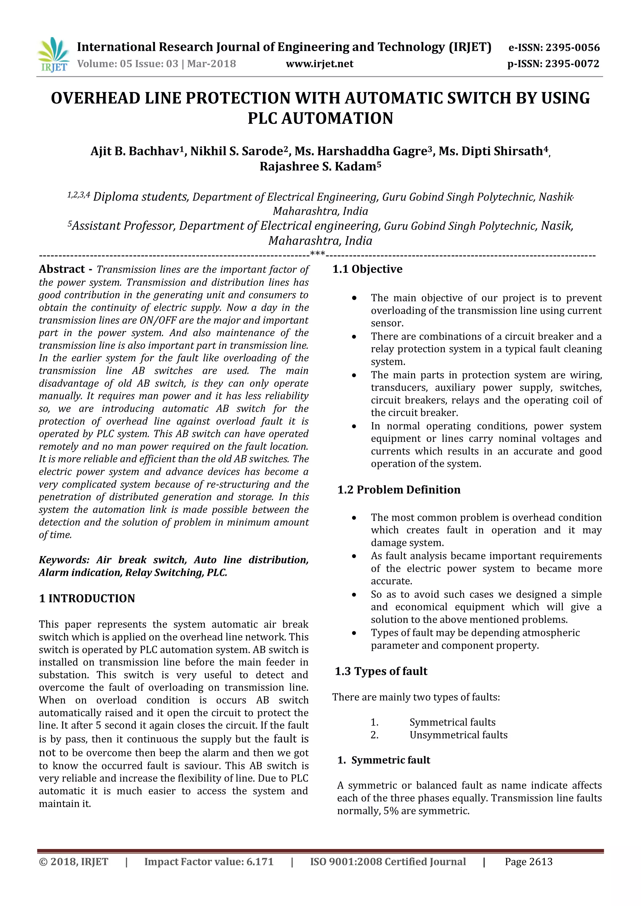 IRJET- Overhead Line Protection with Automatic Switch by using PLC ...