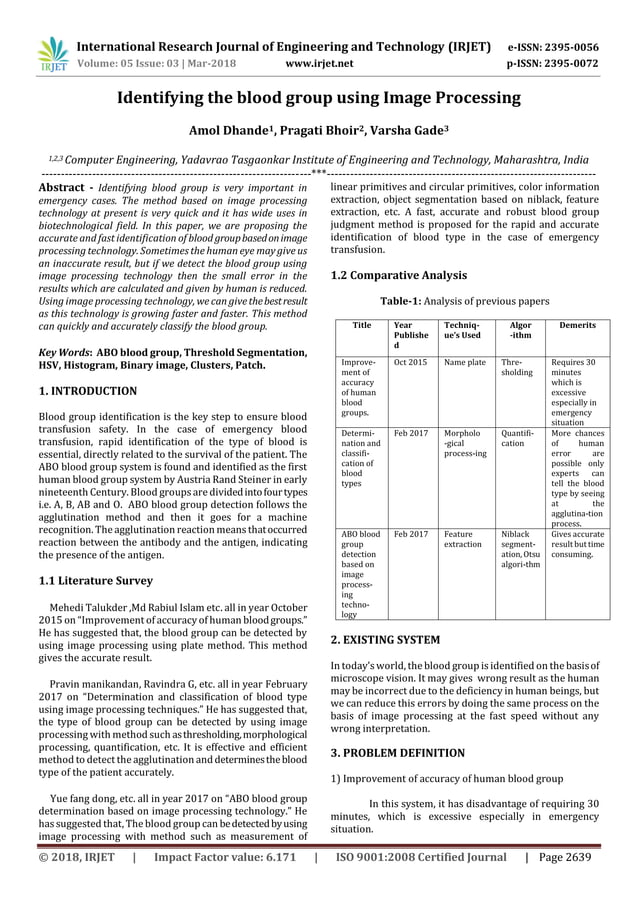 IRJET- Identifying the Blood Group using Image Processing | PDF