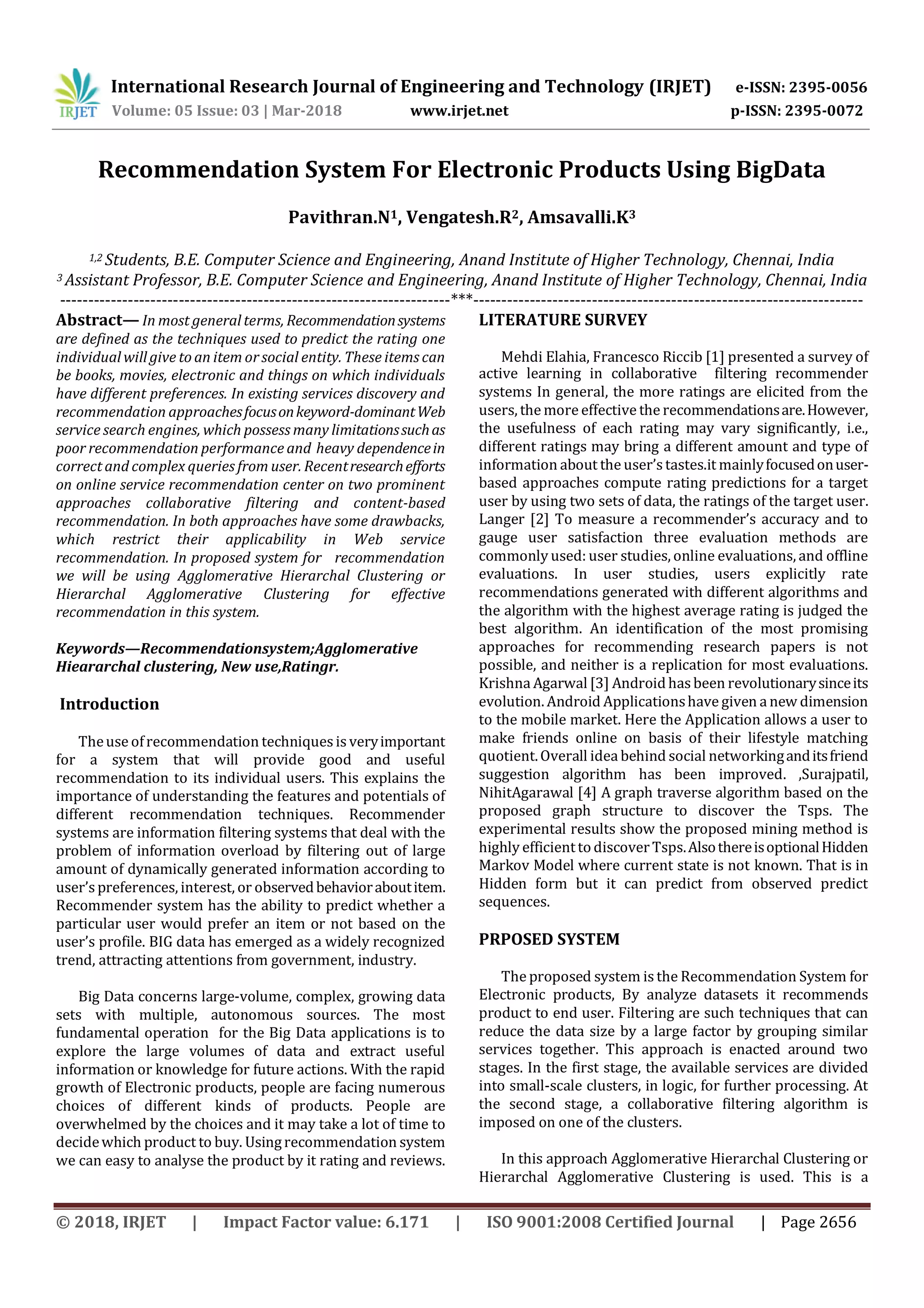 IRJET- Recommendation System for Electronic Products using BigData | PDF