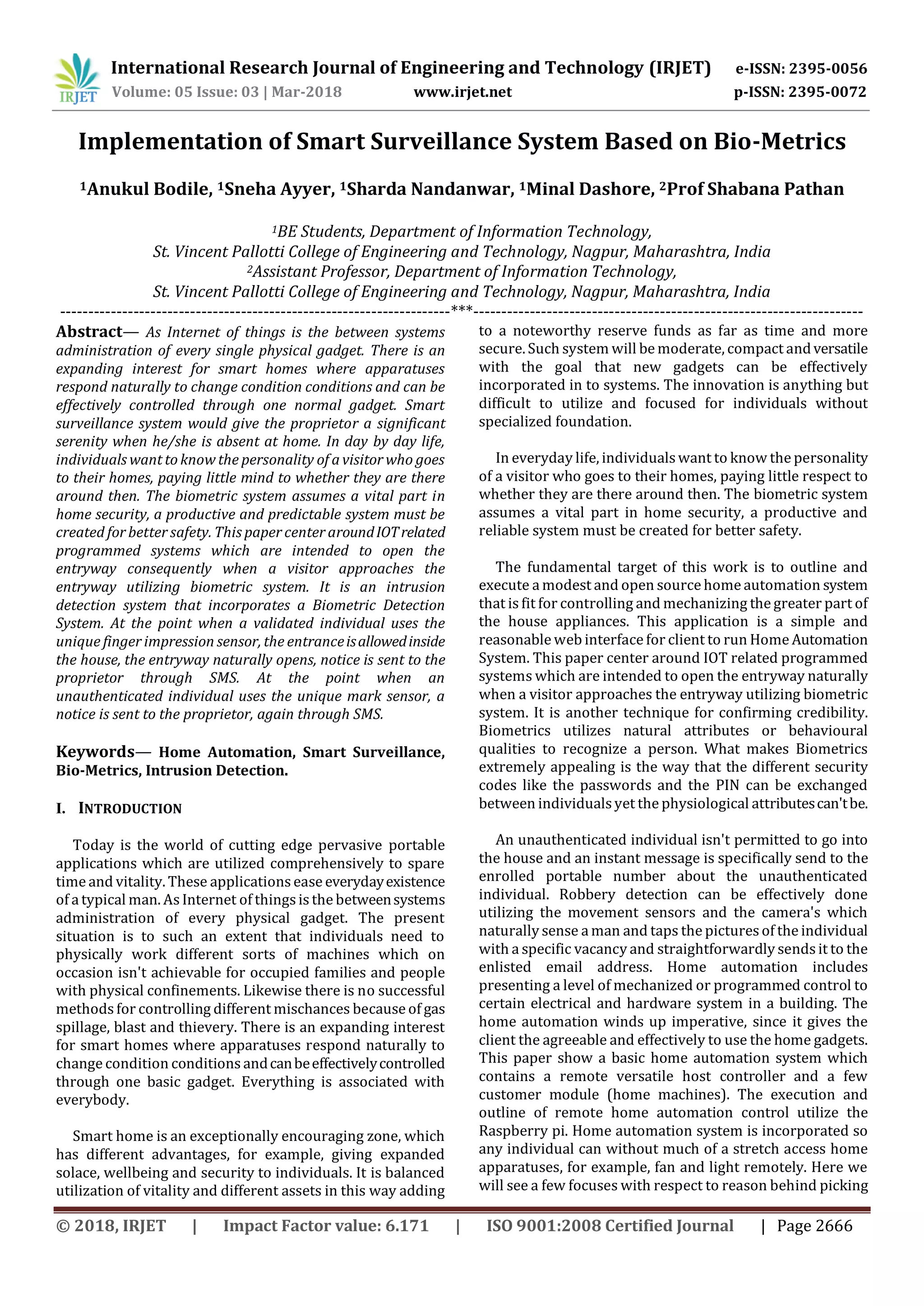 IRJET- Implementation of Smart Surveillance System Based on Bio-Metrics | PDF