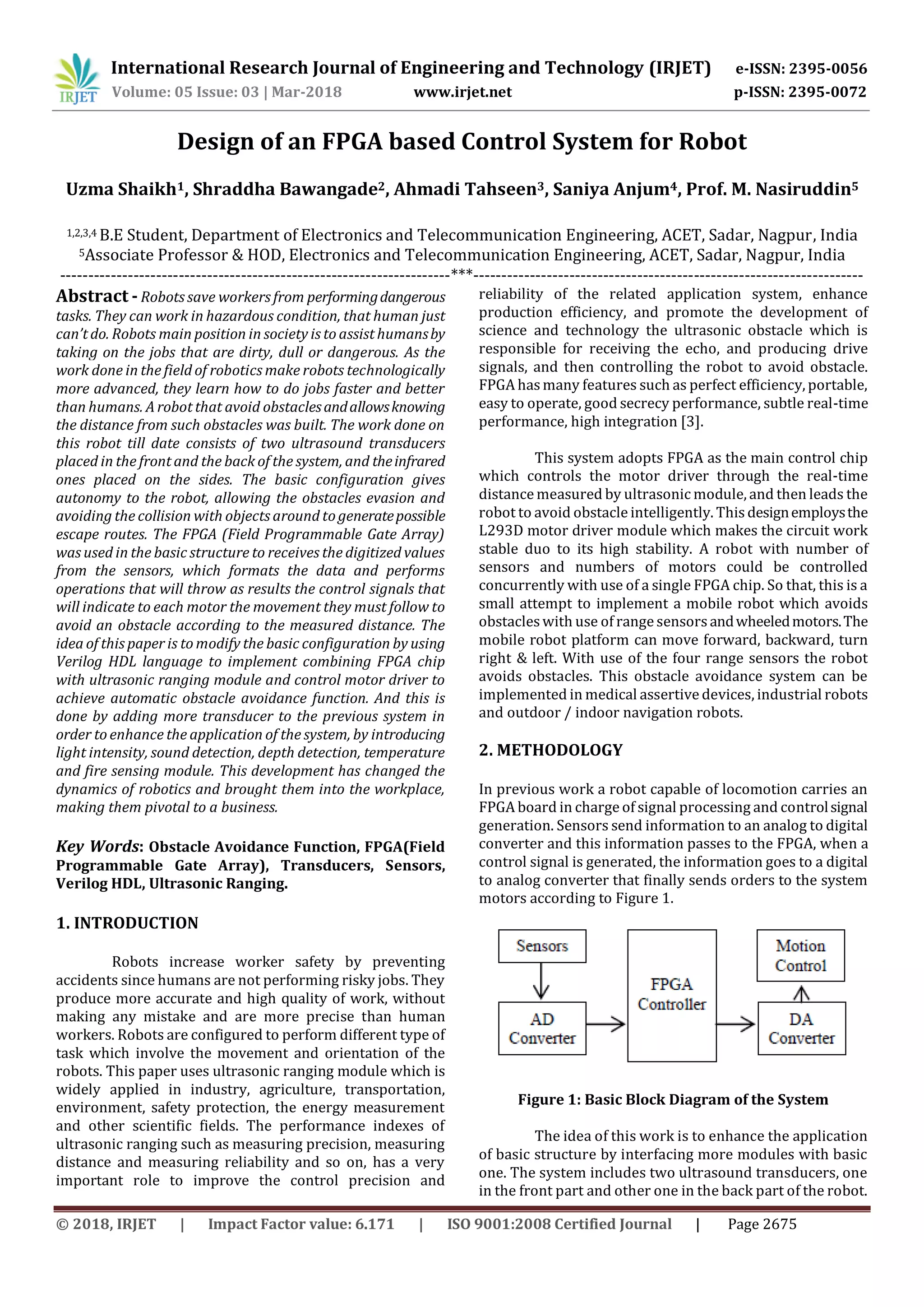 IRJET- Design of an FPGA based Control System for Robot | PDF
