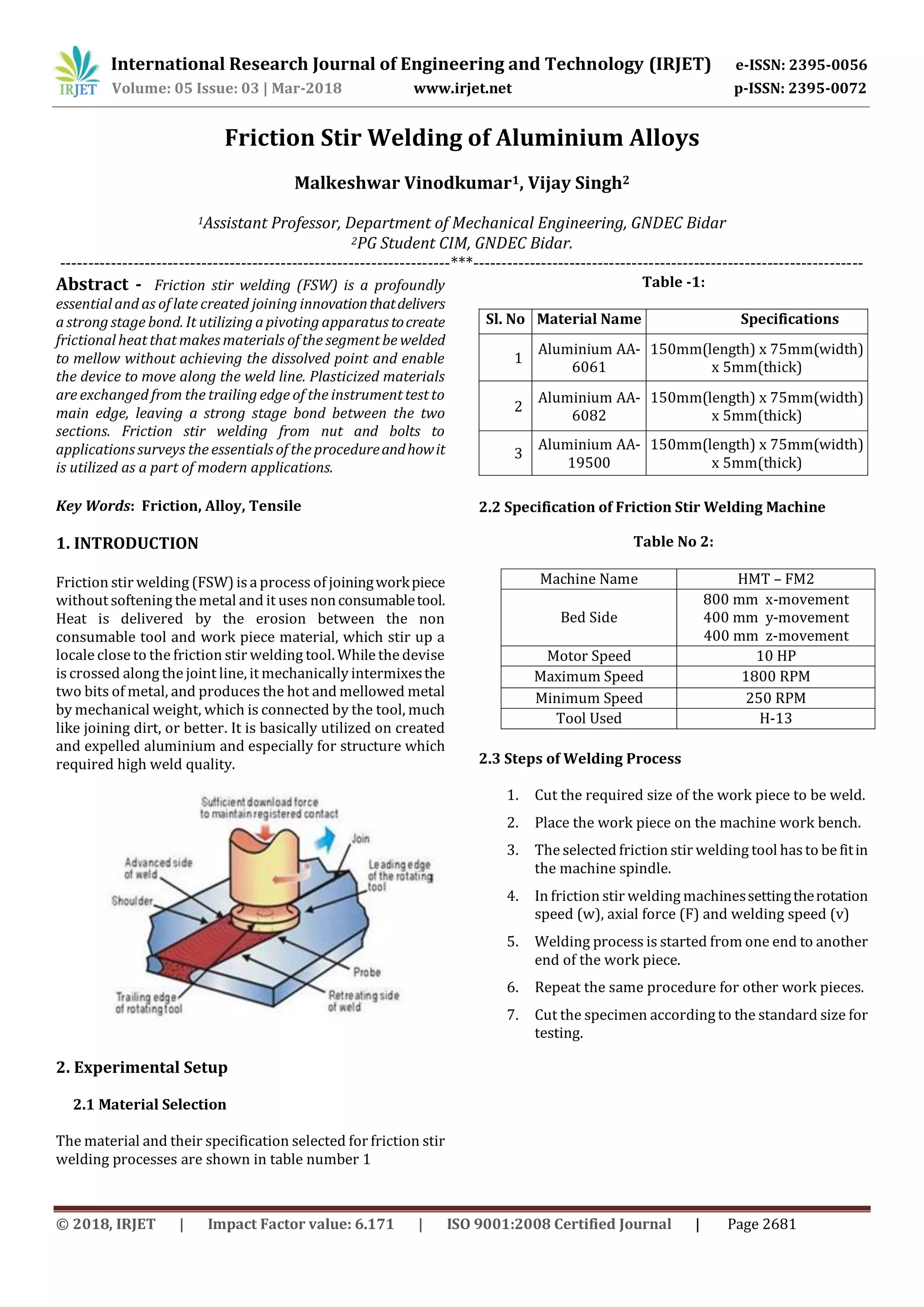 IRJET- Friction Stir Welding of Aluminium Alloys | PDF | Chemistry | Science