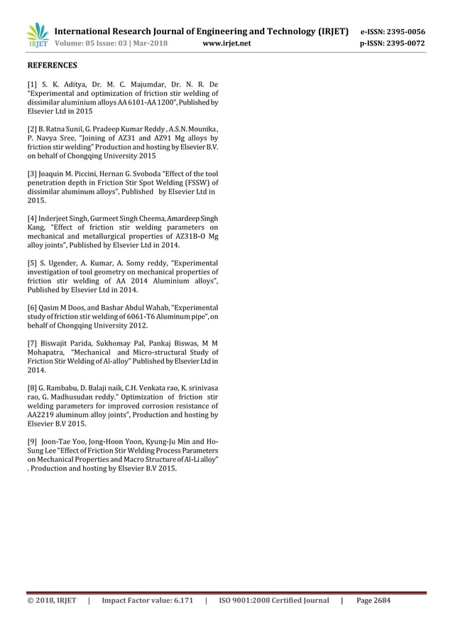 IRJET- Friction Stir Welding of Aluminium Alloys | PDF | Chemistry | Science