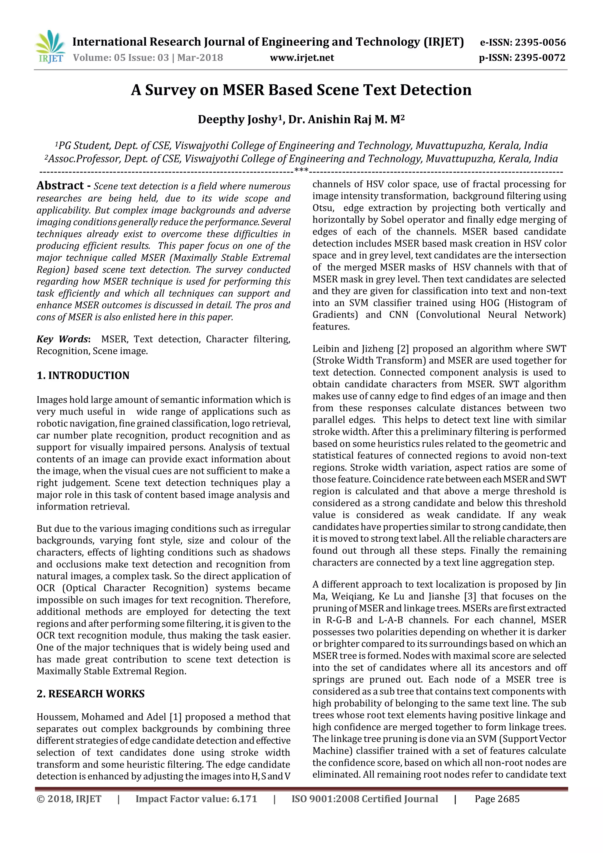 IRJET- A Survey on MSER Based Scene Text Detection | PDF