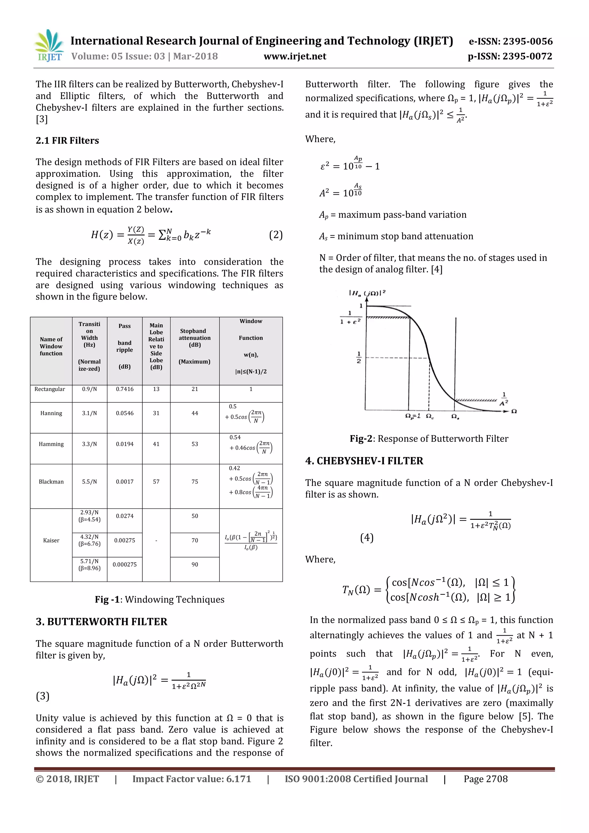 IRJET- Design and Implementation of Butterworth, Chebyshev-I Filters ... IRJET- Design and Implementation of Butterworth, Chebyshev-I Filters ...