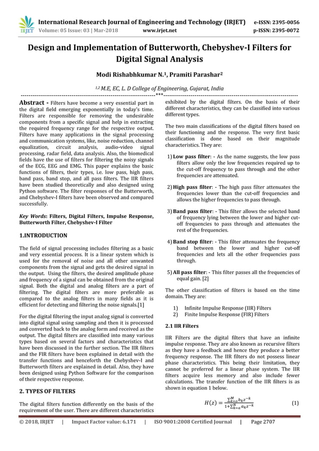 IRJET- Design and Implementation of Butterworth, Chebyshev-I Filters for Digital Signal Analysis ...