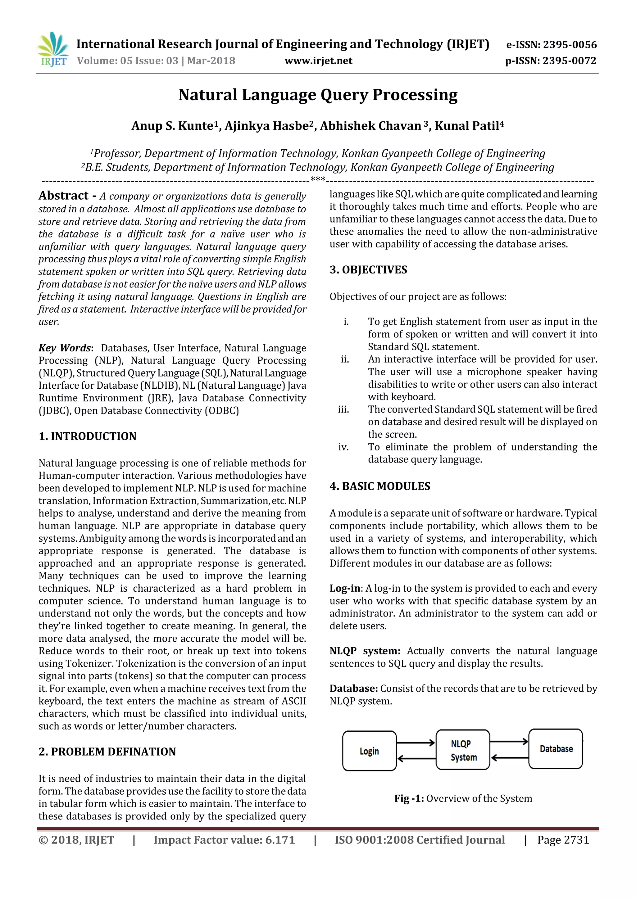 Irjet Natural Language Query Processing Pdf