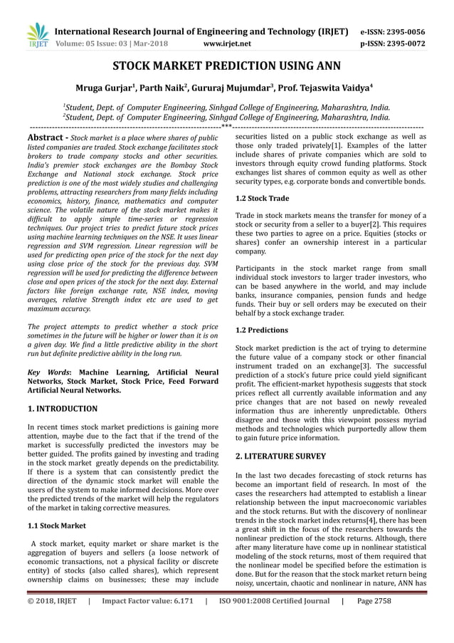IRJET- Stock Market Prediction using ANN | PDF
