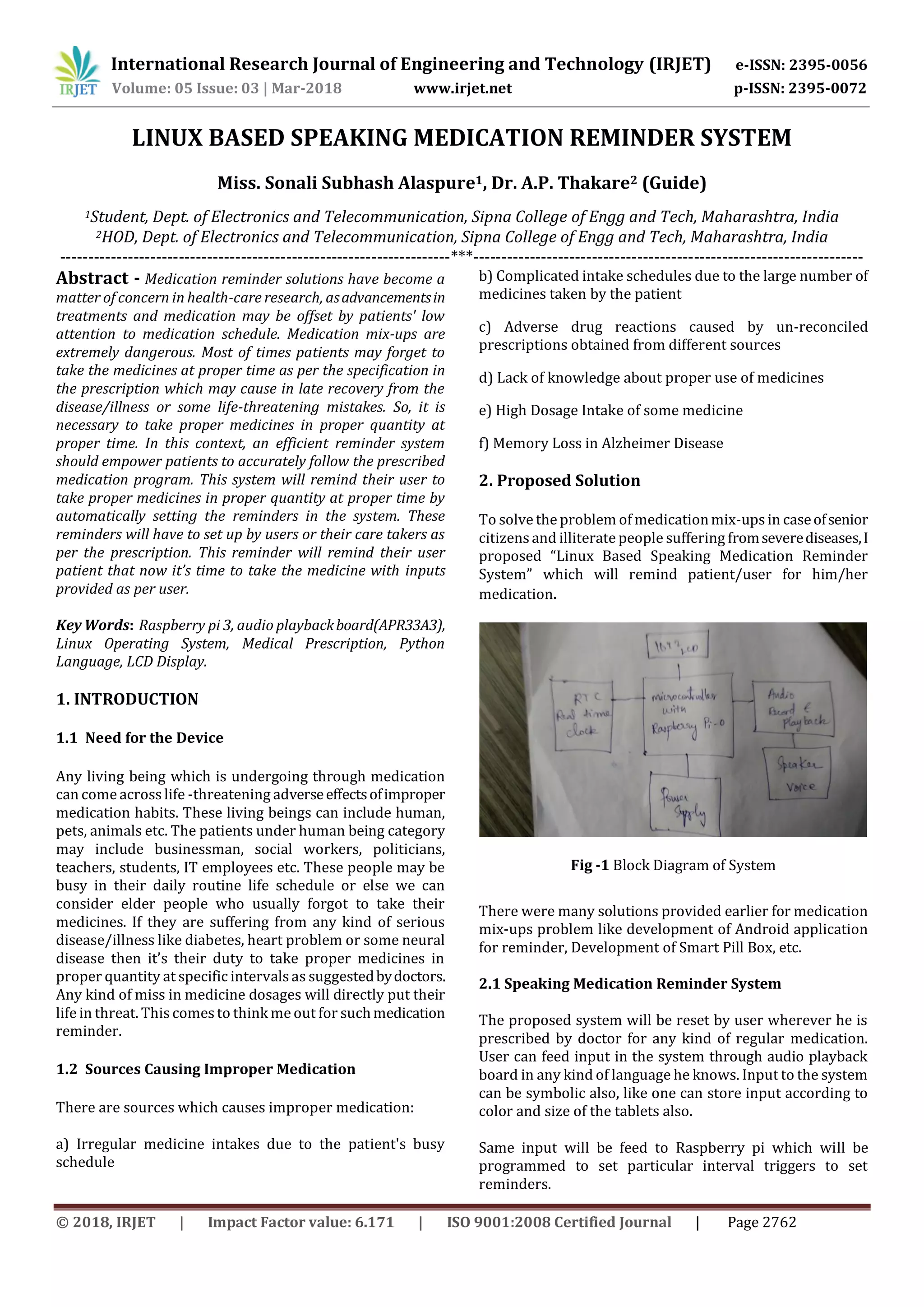 IRJET- Linux Based Speaking Medication Reminder System | PDF