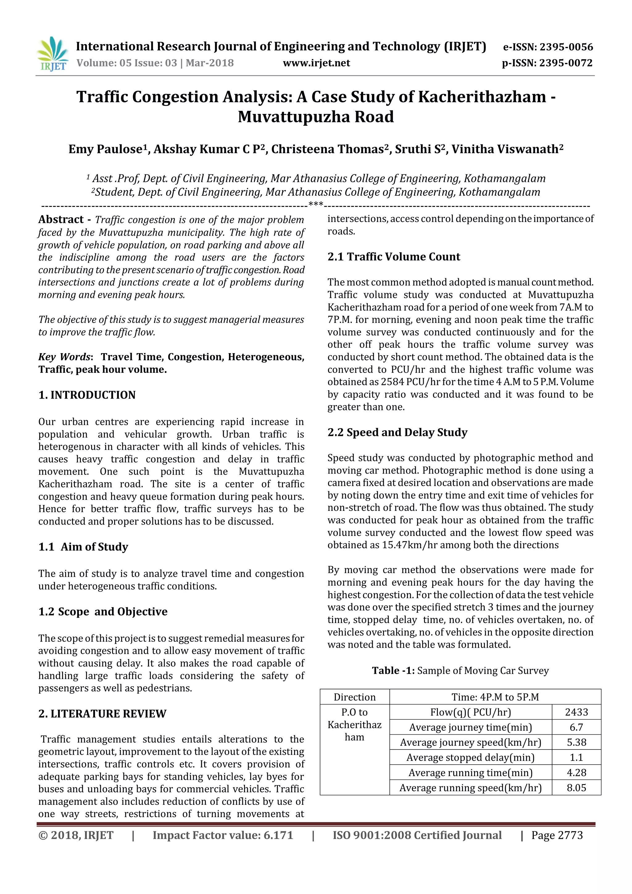 IRJET- Traffic Congestion Analysis: A Case Study of Kacherithazham -Muvattupuzha Road | PDF