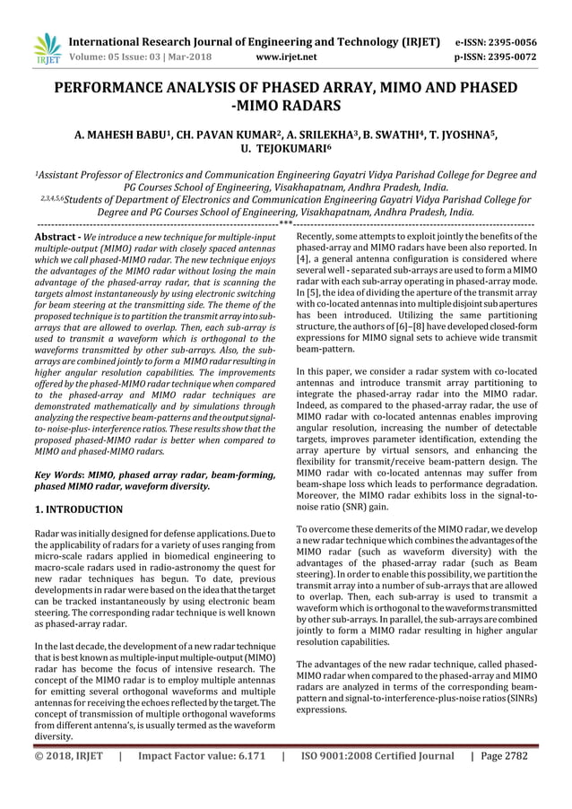 IRJET- Performance Analysis of Phased Array, Mimo and Phased-Mimo Radars | PDF