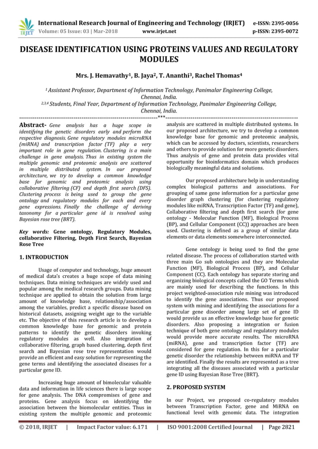 Irjet Disease Identification Using Proteins Values And Regulatory