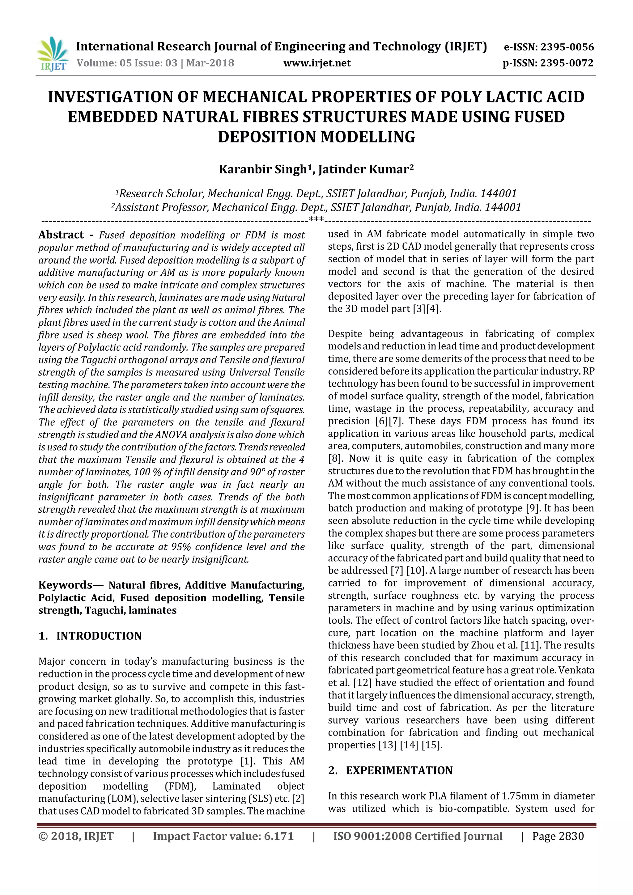 IRJET- Investigation of Mechanical Properties of Poly Lactic Acid Embedded Natural Fibres ...
