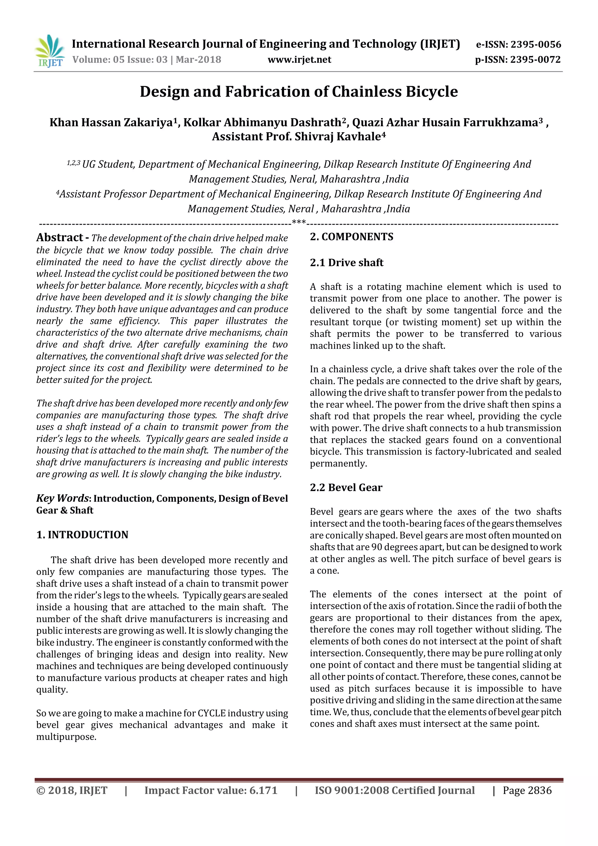 IRJET- Design and Fabrication of Chainless Bicycle | PDF