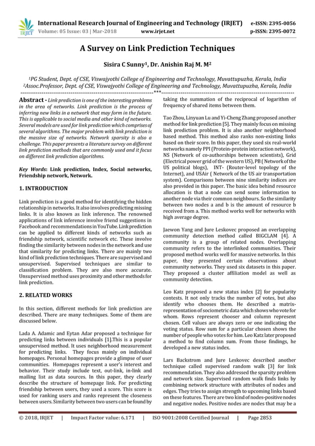 IRJET- A Survey on Link Prediction Techniques | PDF | Social Networking | Internet