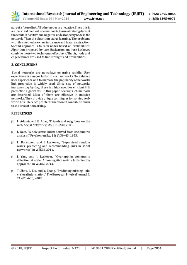 IRJET- A Survey on Link Prediction Techniques | PDF | Social Networking | Internet