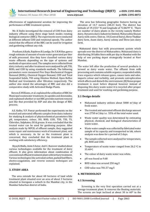 IRJET- Treatment of Dairy Effluent using Rotating Biological Contactors (RBC) | PDF