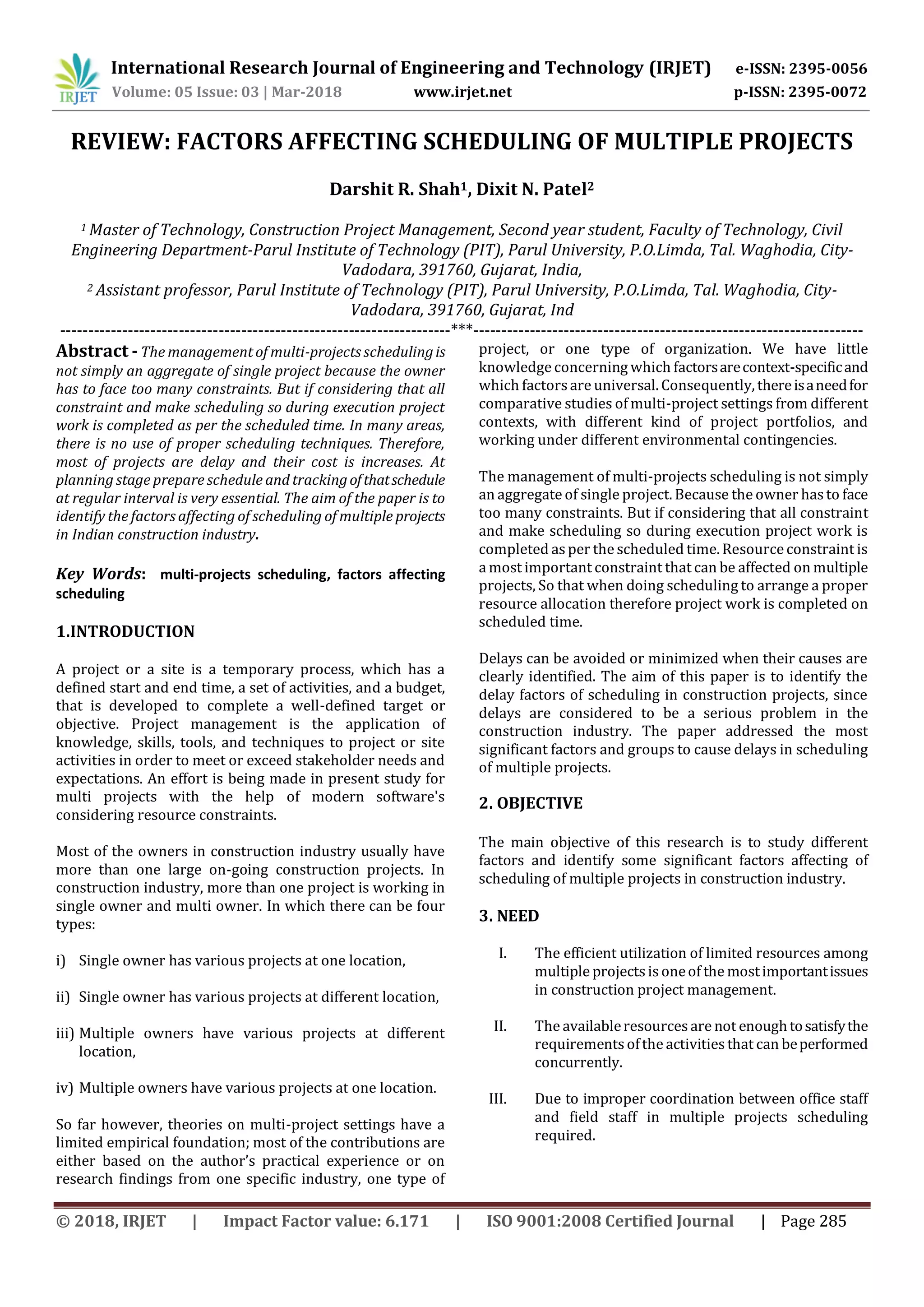 IRJET- Review: Factors Affecting Scheduling of Multiple Projects | PDF