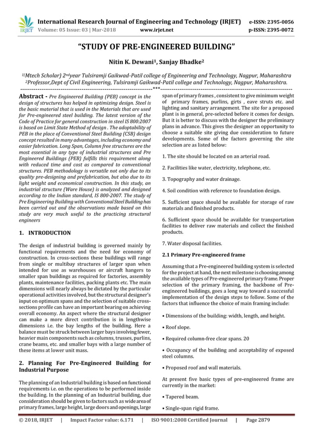 IRJET- Study of Pre-Engineered Building | PDF | Civil Engineering ...