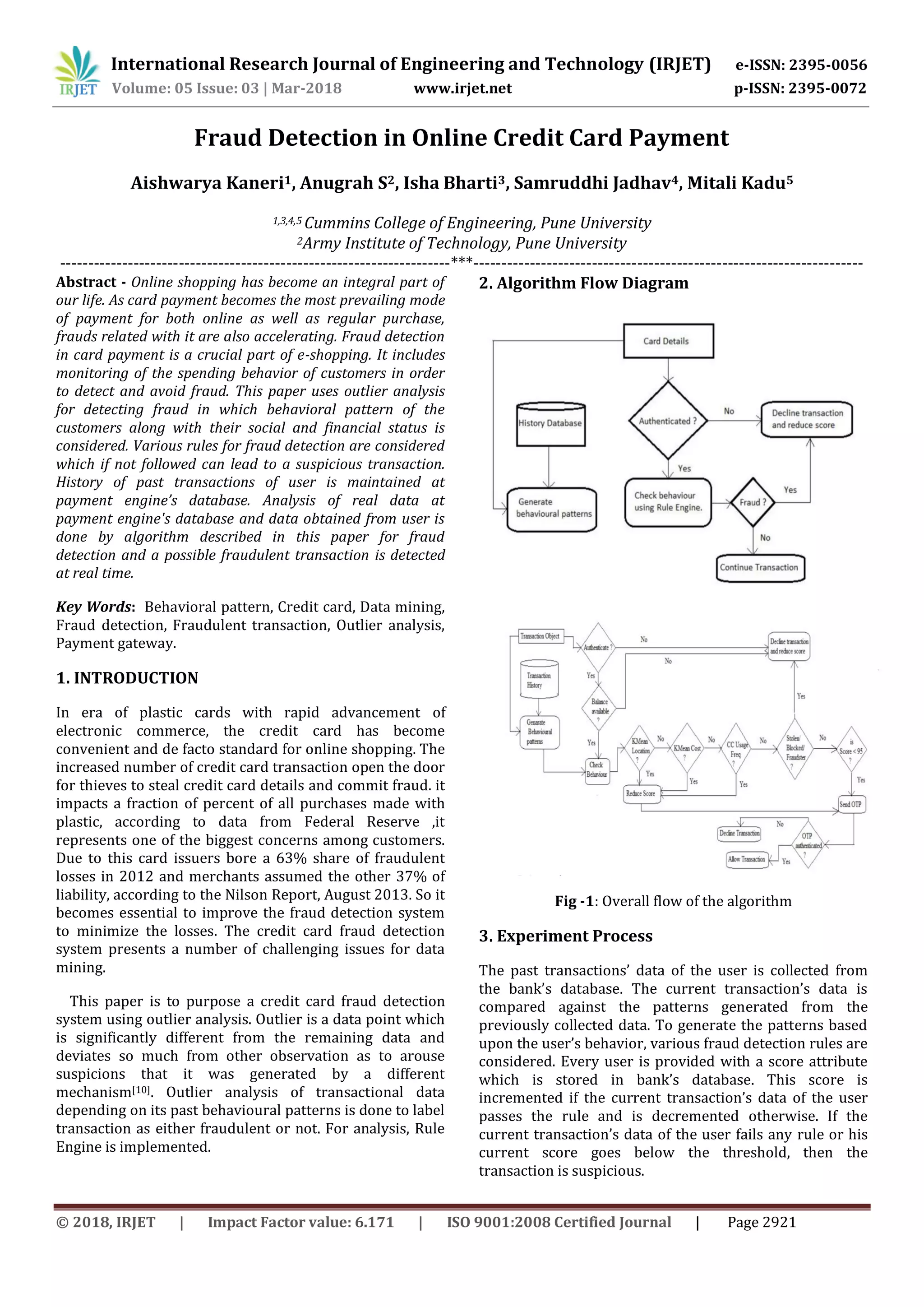 IRJET- Fraud Detection in Online Credit Card Payment | PDF | Databases | Computer Software and ...