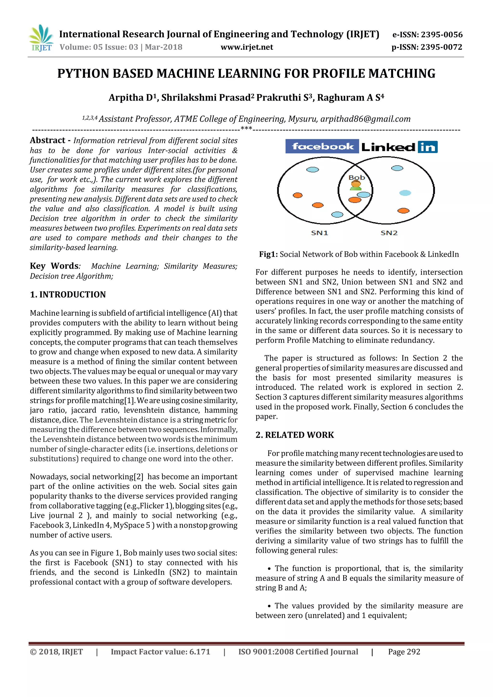 IRJET- Python Based Machine Learning for Profile Matching | PDF | Social Networking | Internet