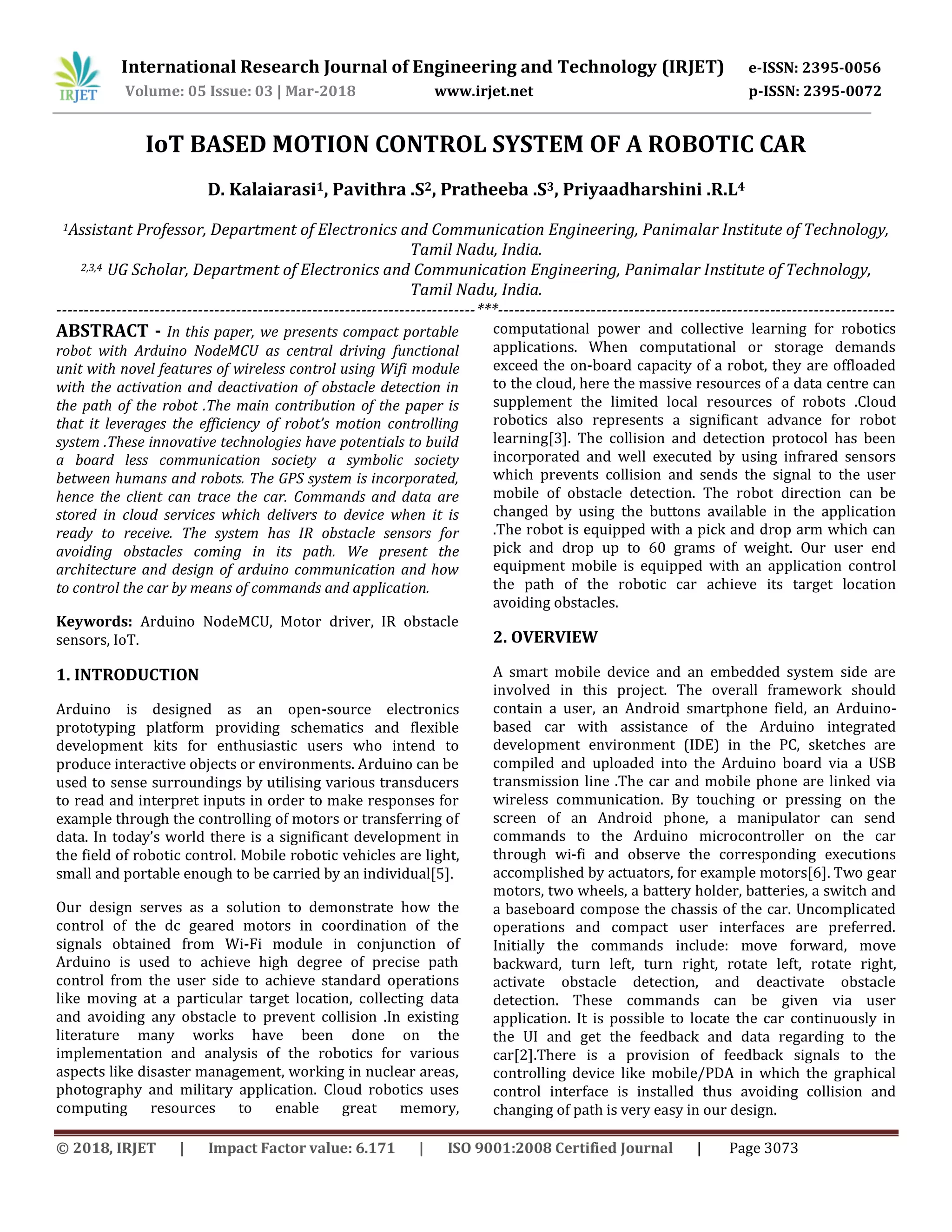 IRJET- IoT based Motion Control System of a Robotic car | PDF
