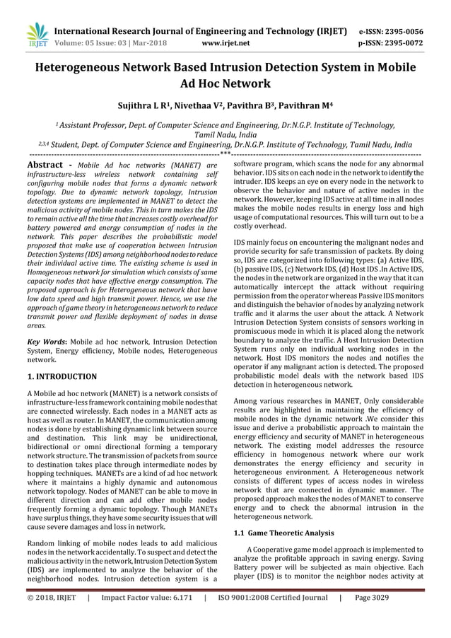 IRJET- Heterogeneous Network Based Intrusion Detection System in Mobile Ad Hoc Network | PDF
