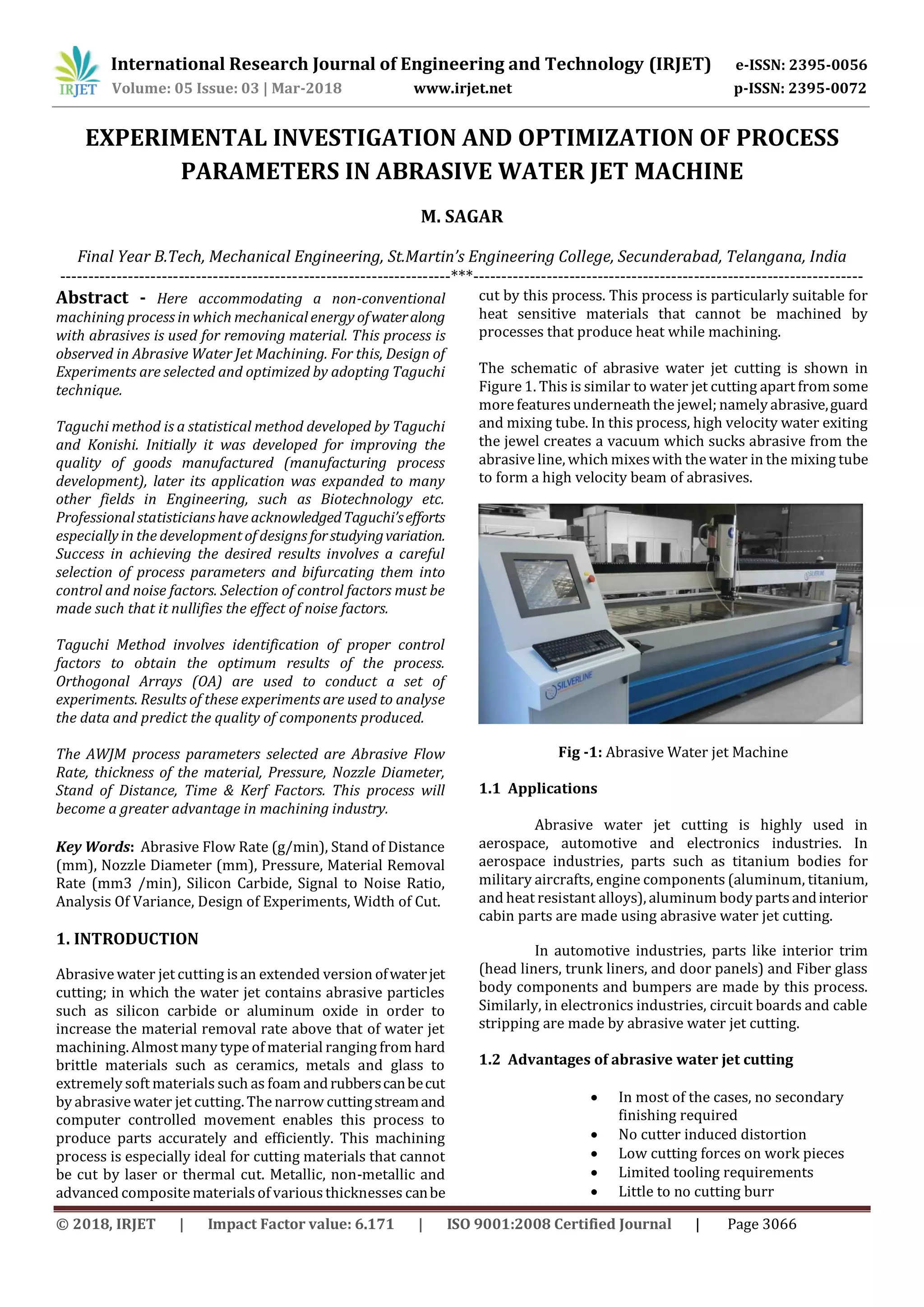 IRJET- Experimental Investigation and Optimization of Process Parameters in Abrasive Water Jet ...