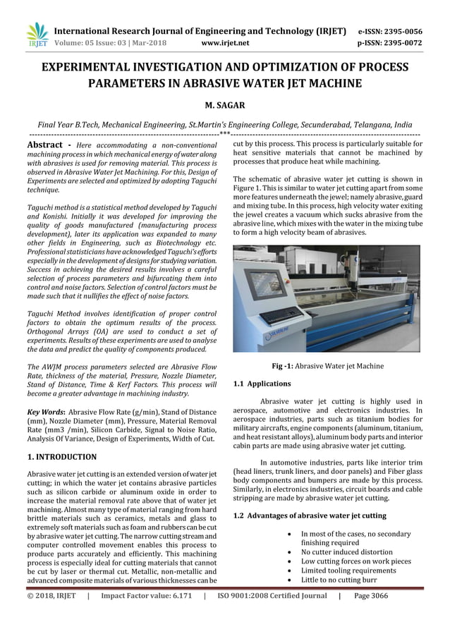 IRJET- Experimental Investigation and Optimization of Process Parameters in Abrasive Water Jet ...
