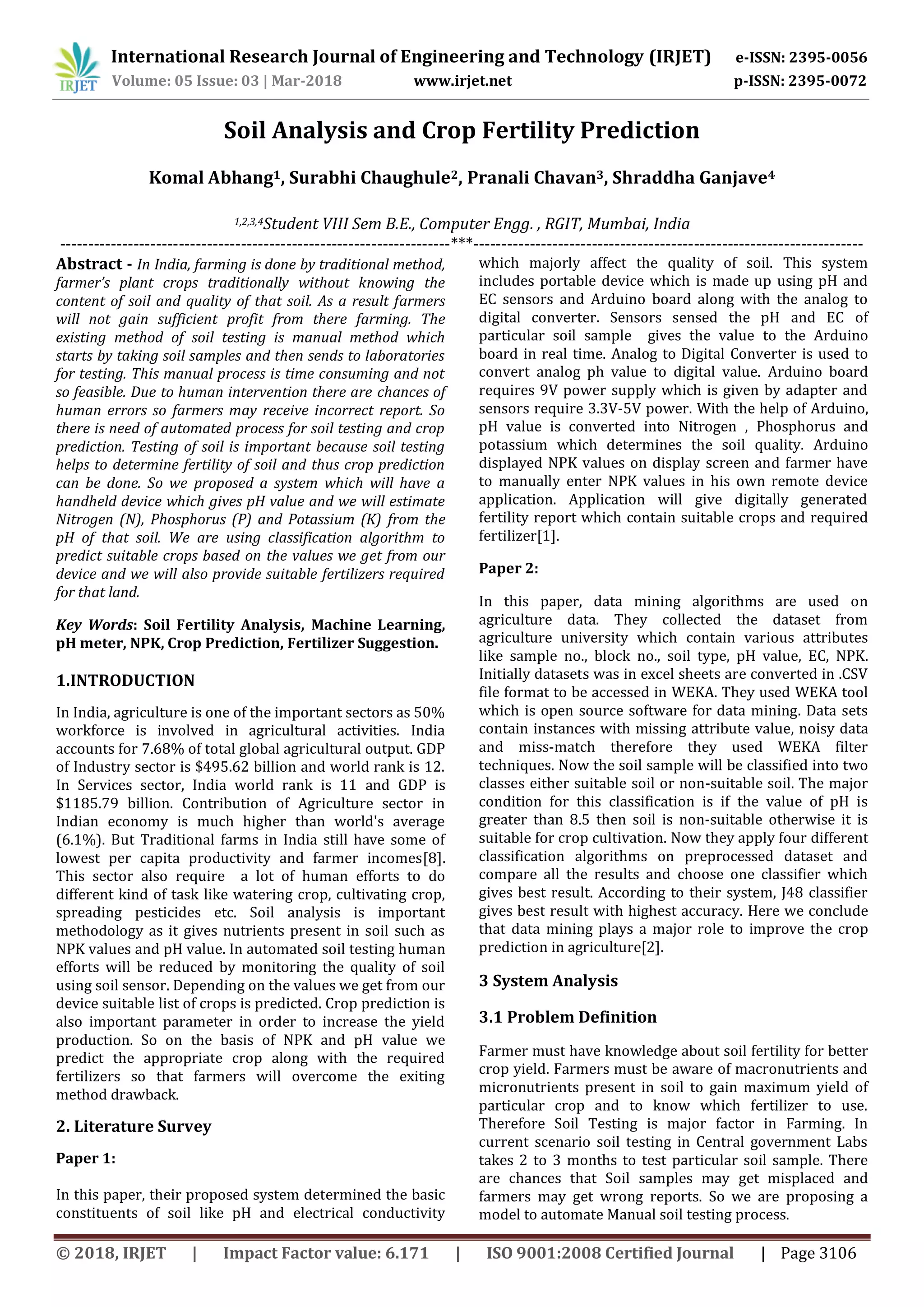 IRJET- Soil Analysis and Crop Fertility Prediction | PDF