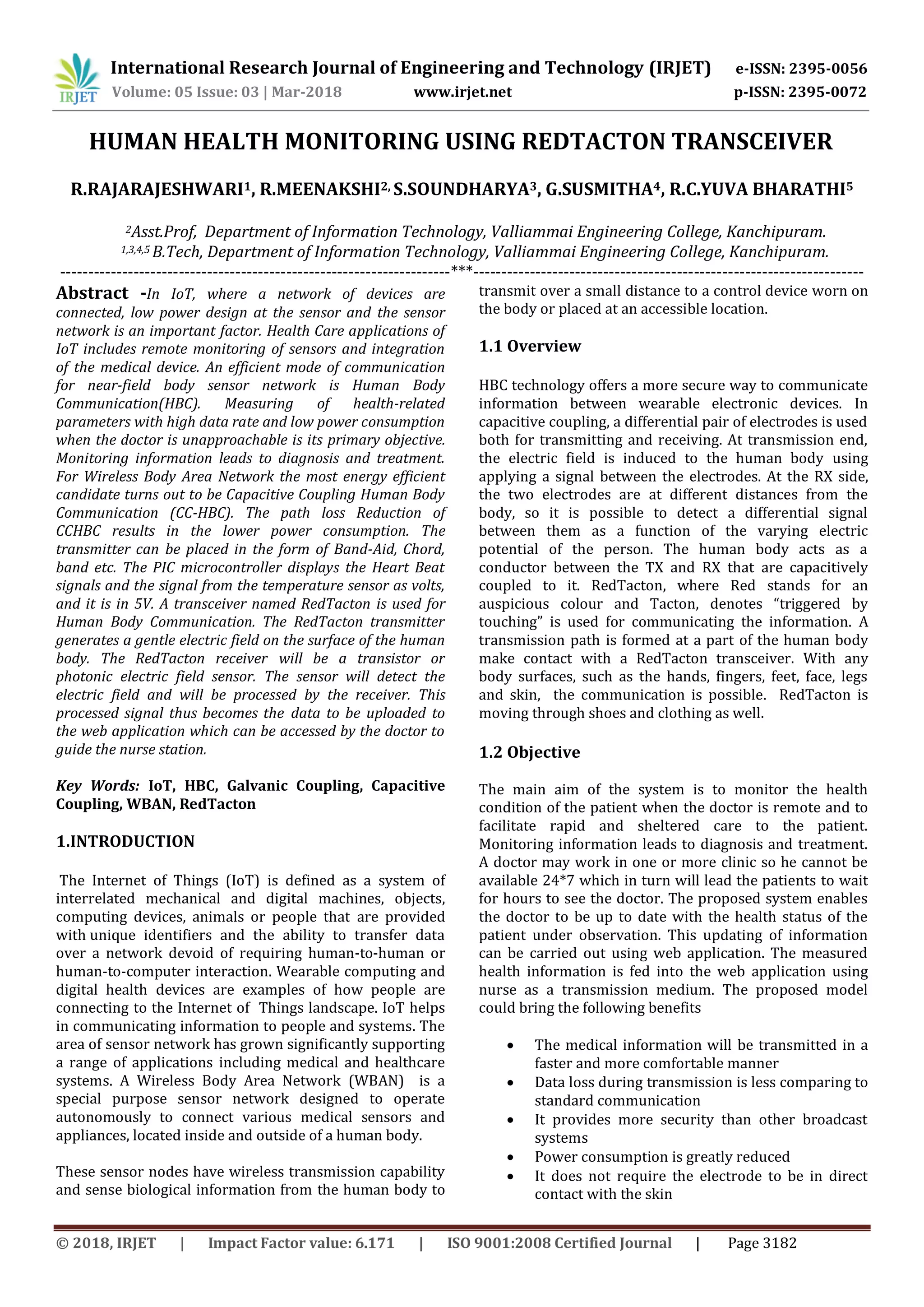 IRJET- Human Health Monitoring using Redtacton Transceiver | PDF