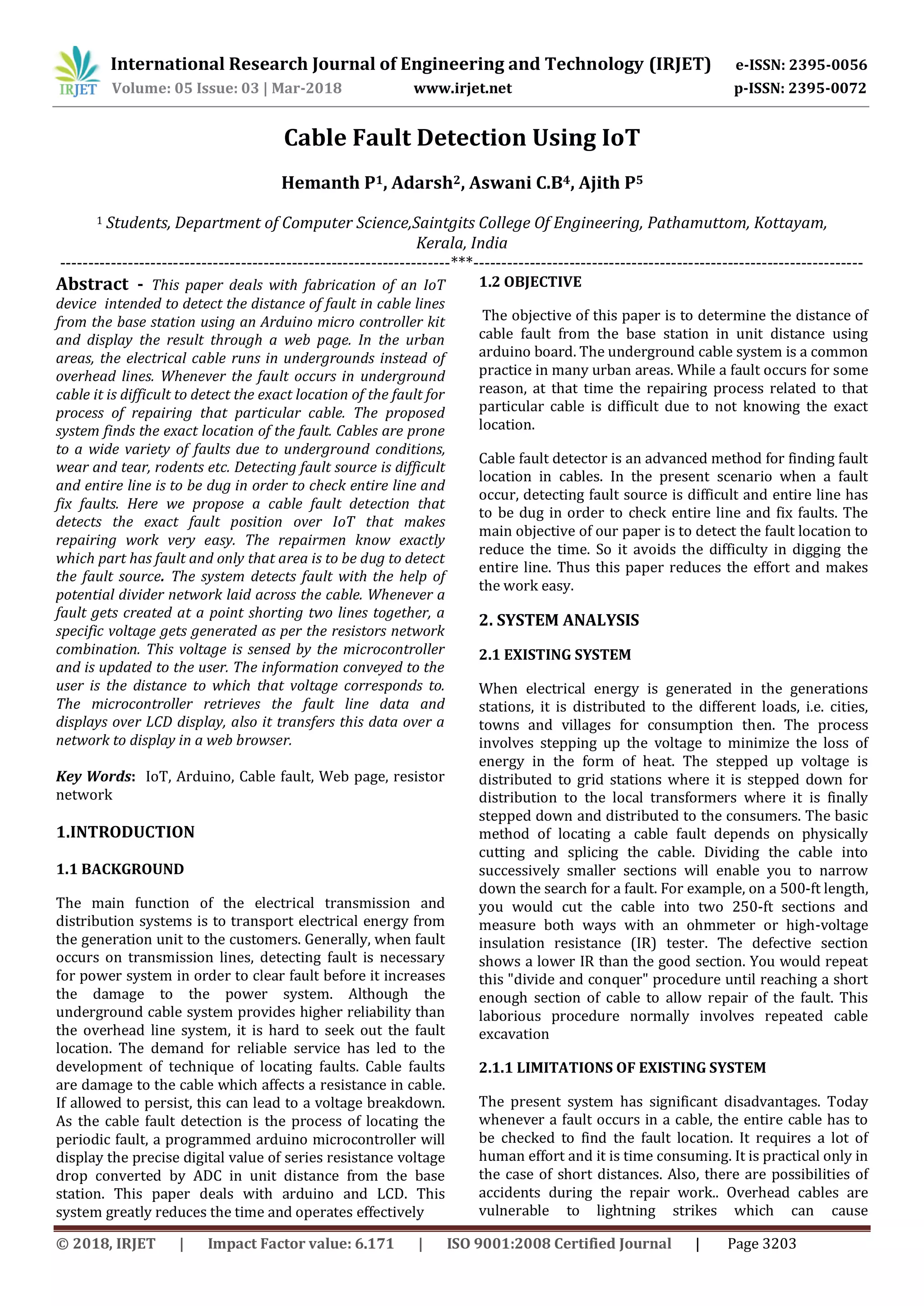 IRJET- Cable Fault Detection using IoT | PDF