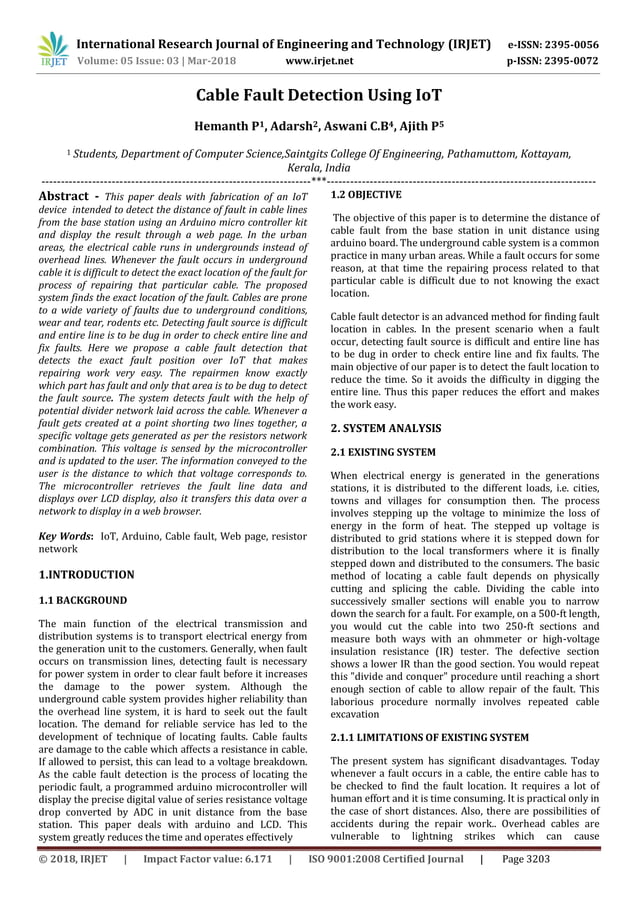 IRJET- Cable Fault Detection using IoT | PDF