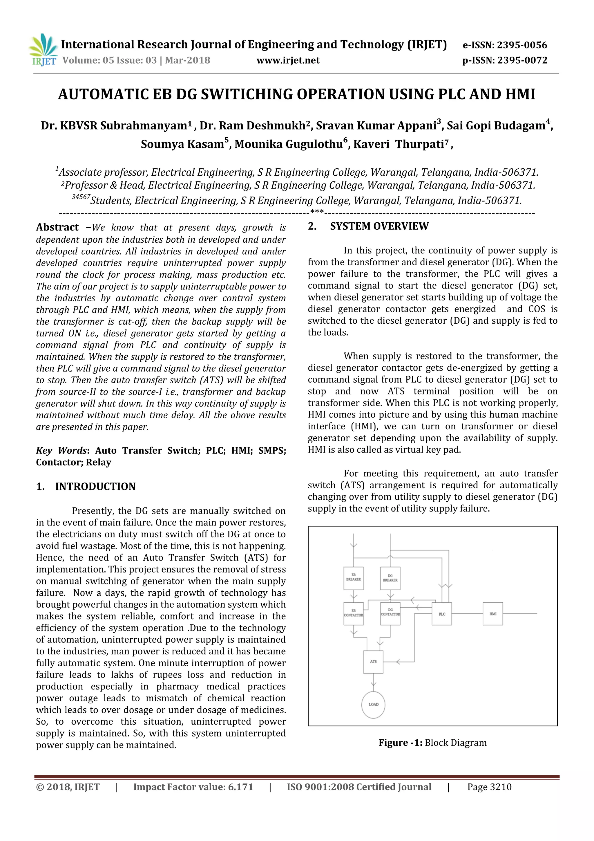 IRJET- Automatic EB DG Switiching Operation using PLC and HMI | PDF